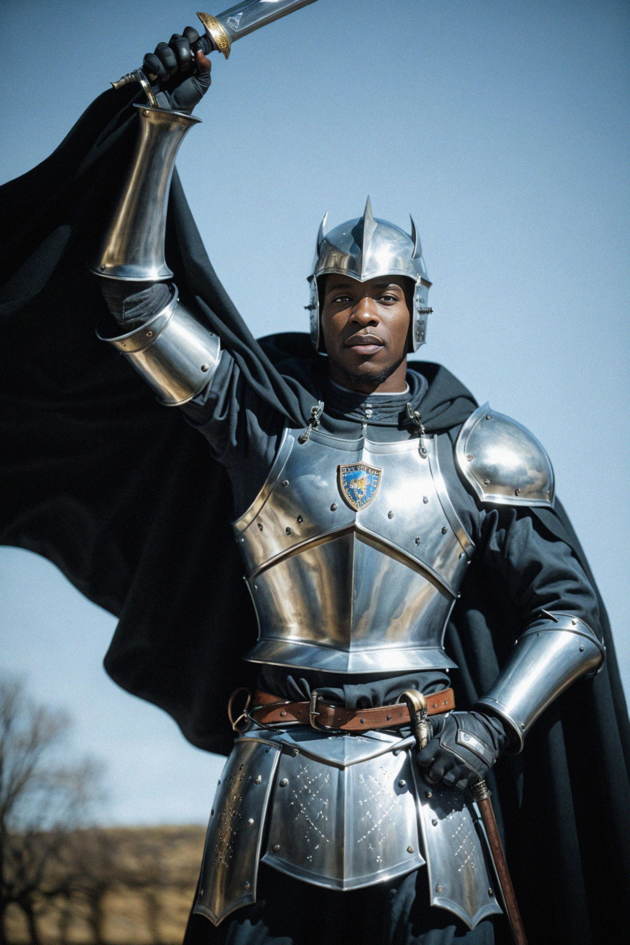 Happy man as a Medieval Knight in silver armor, wearing a black elegant ...