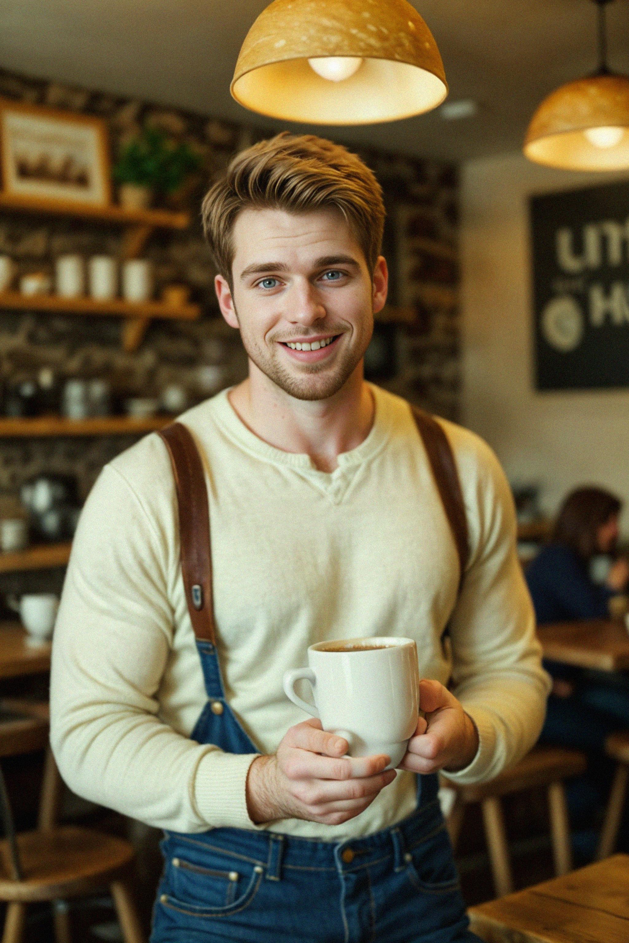 An attractive masculine man with a captivating smile, holding a cup of ...