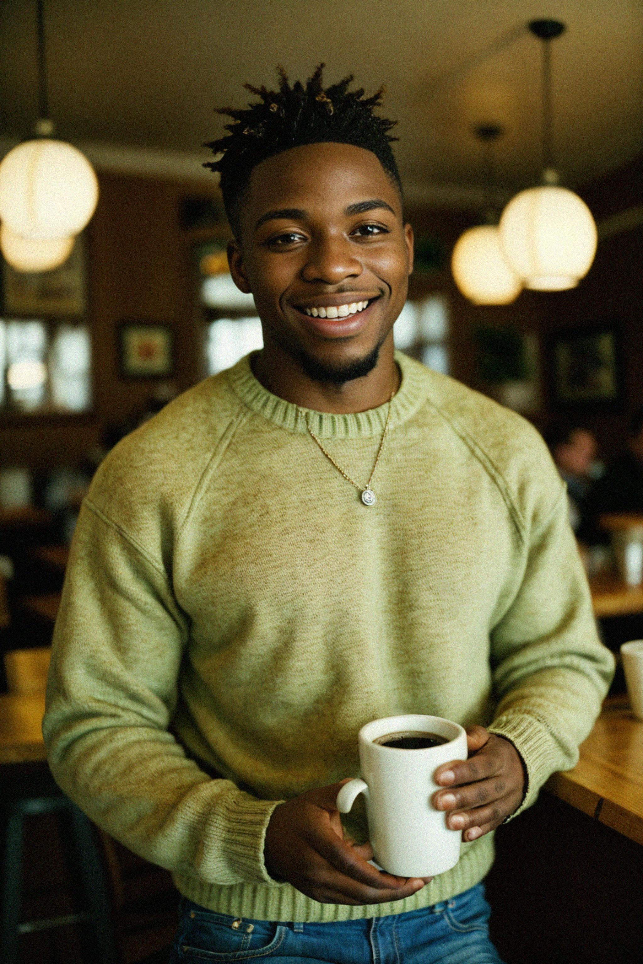 An attractive masculine man with a captivating smile, holding a cup of ...
