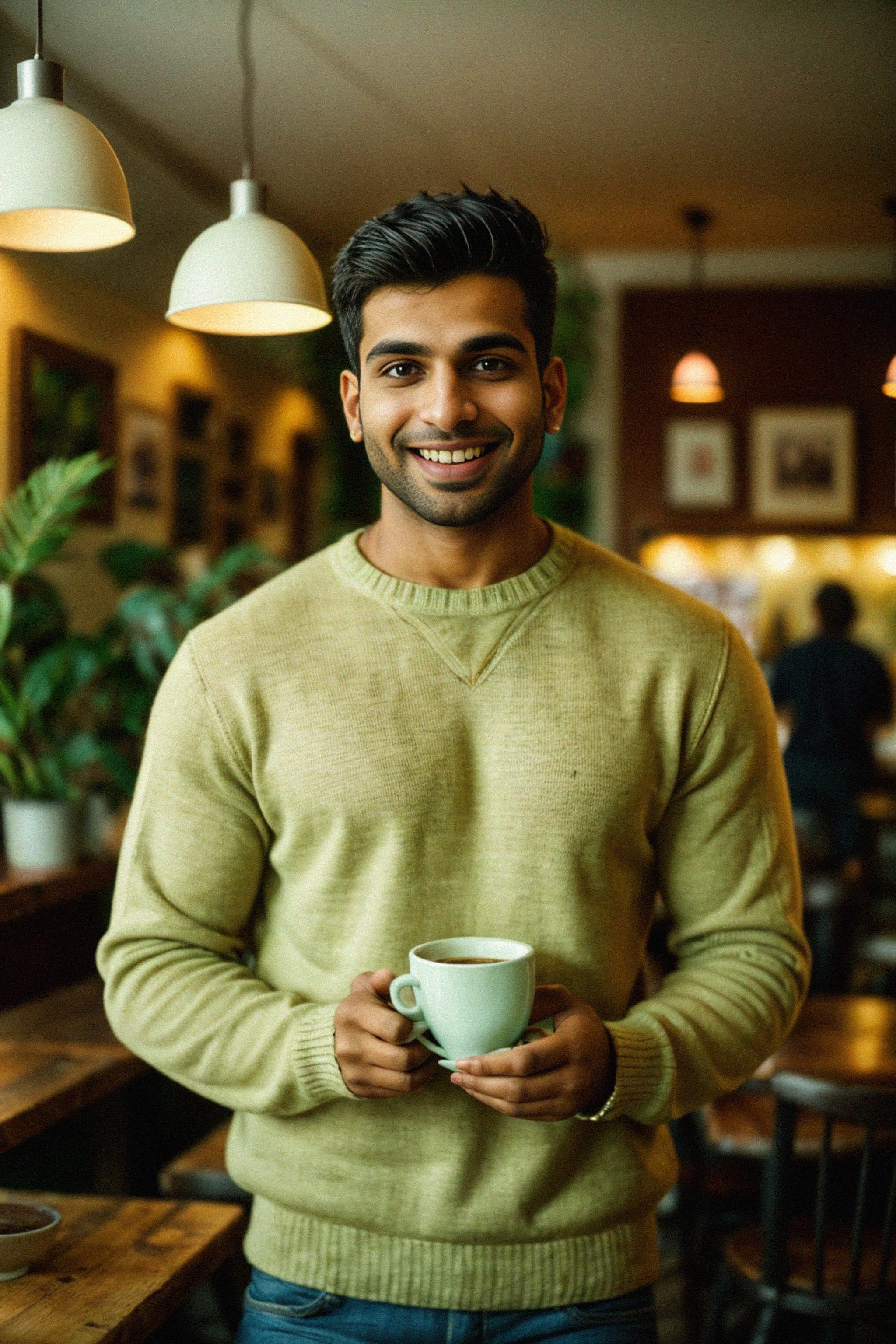 An attractive masculine man with a captivating smile, holding a cup of ...