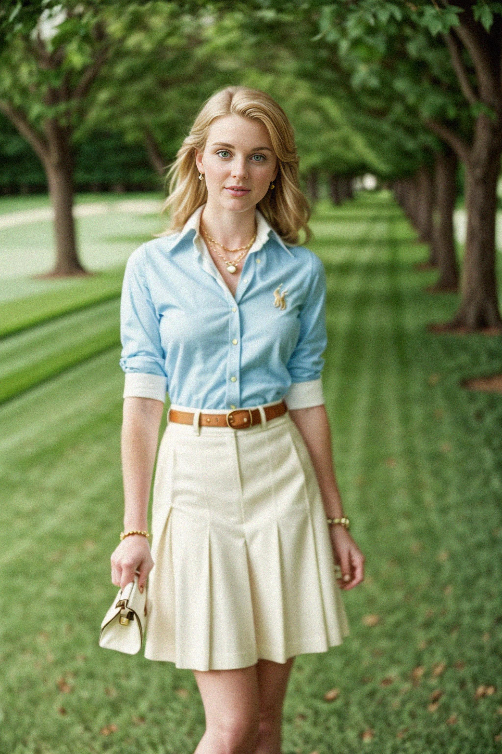 A woman in preppy style, old money aesthetic, posh style, elite school ...
