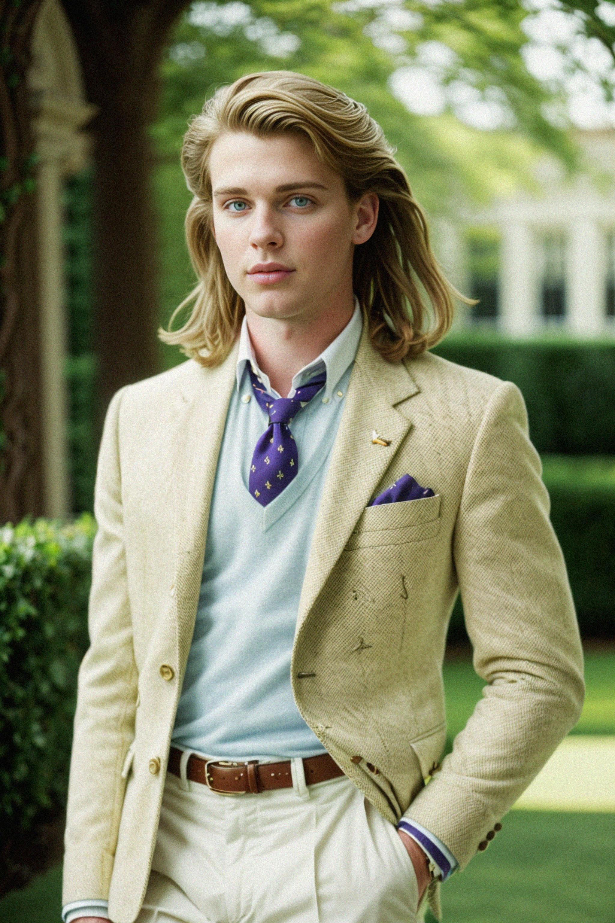 A man in preppy style, old money aesthetic, posh style, elite school ...