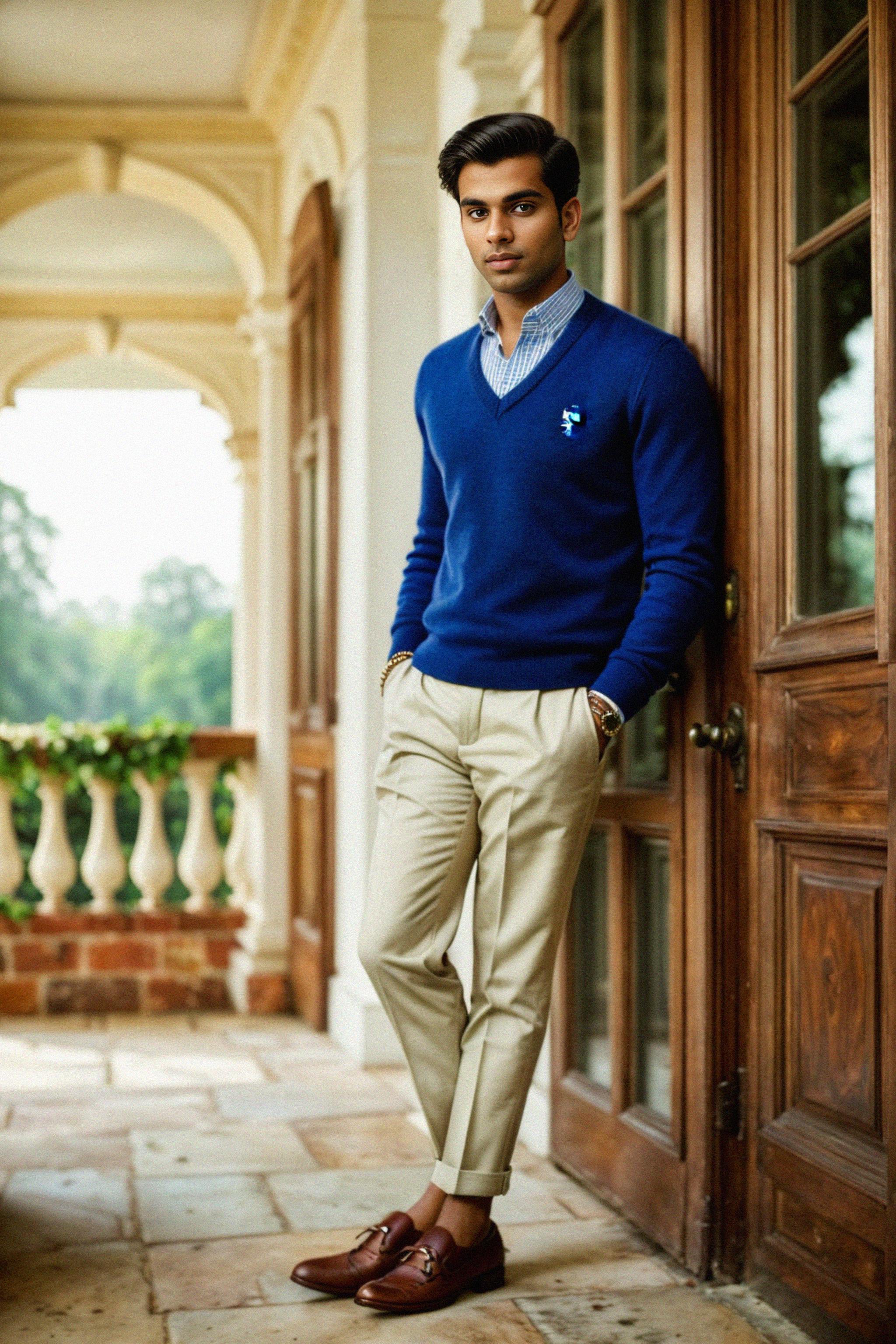 A man in preppy style, old money aesthetic, posh style, elite school ...
