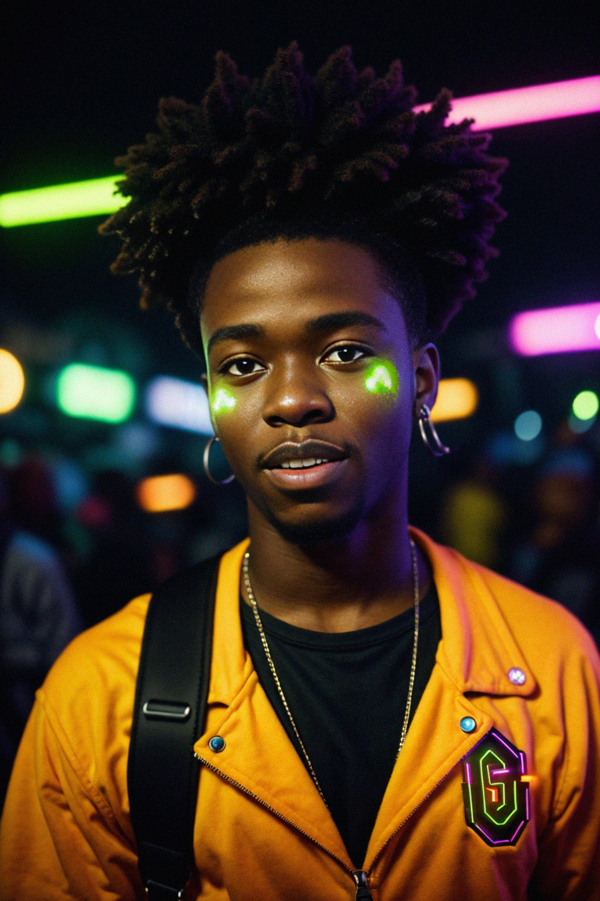 A man with glowing LED accessories, standing out in the crowd and ...