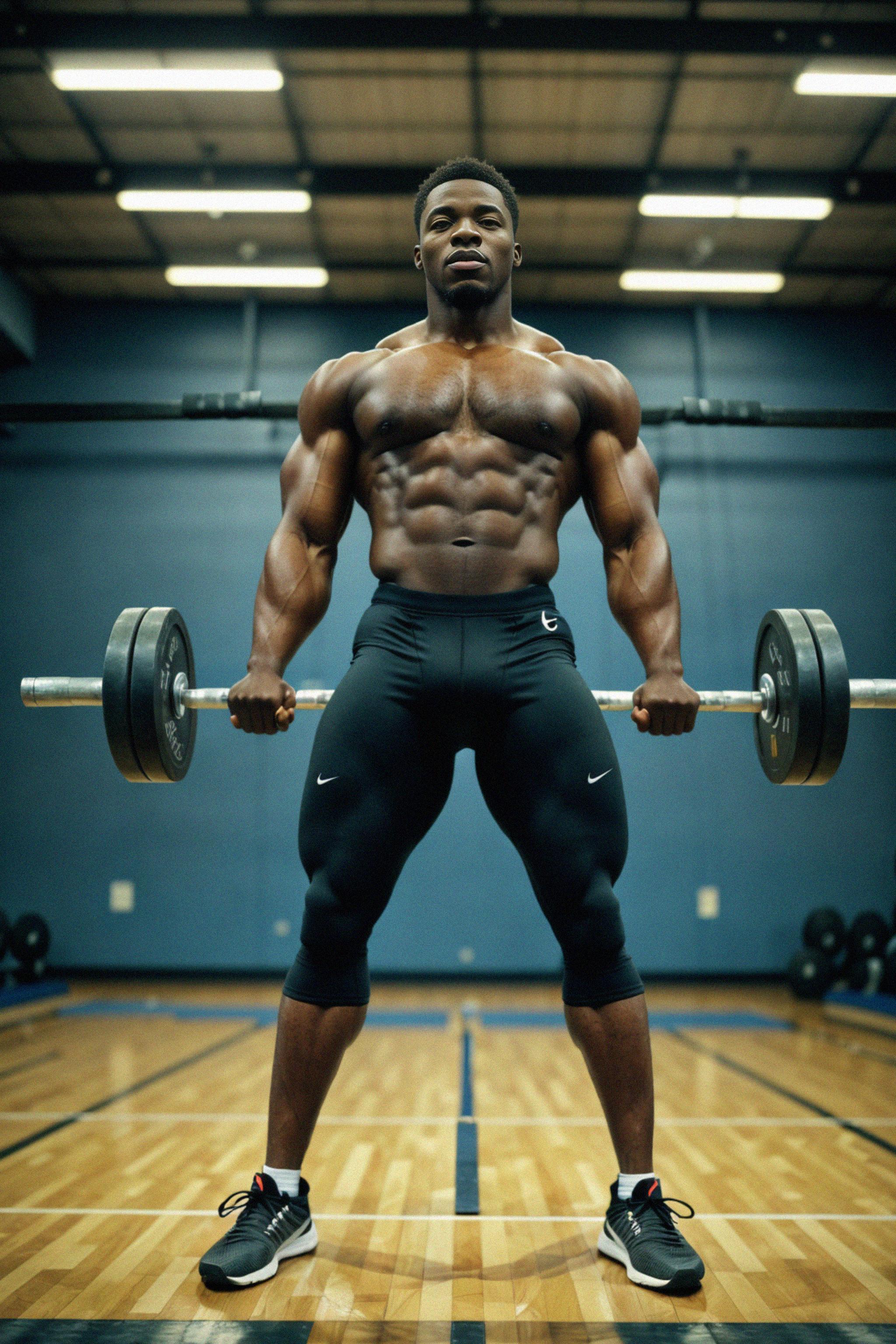 Masculine man doing a weightlifting movement in the gym, showing off ...