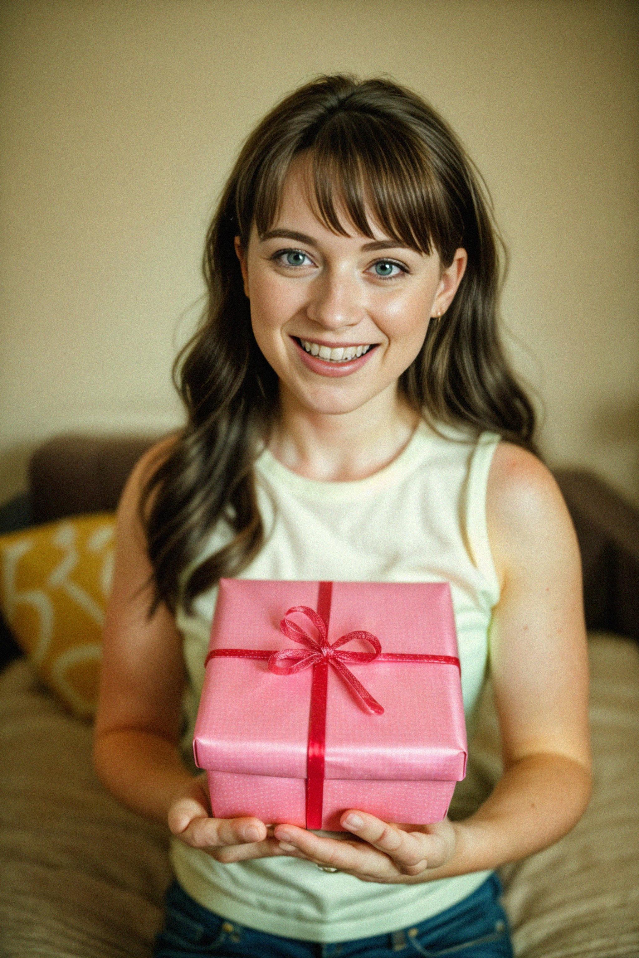 A person opening birthday presents with a big smile of delight and ...