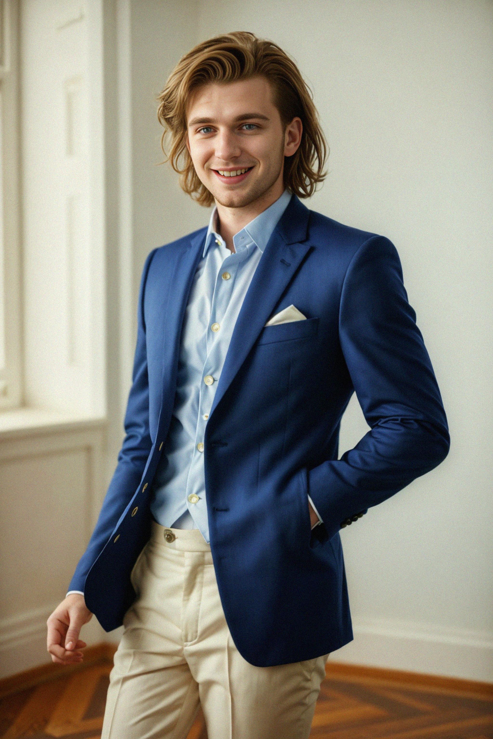Smiling man wearing navy colored suit in try on fashion shoot for Zara ...