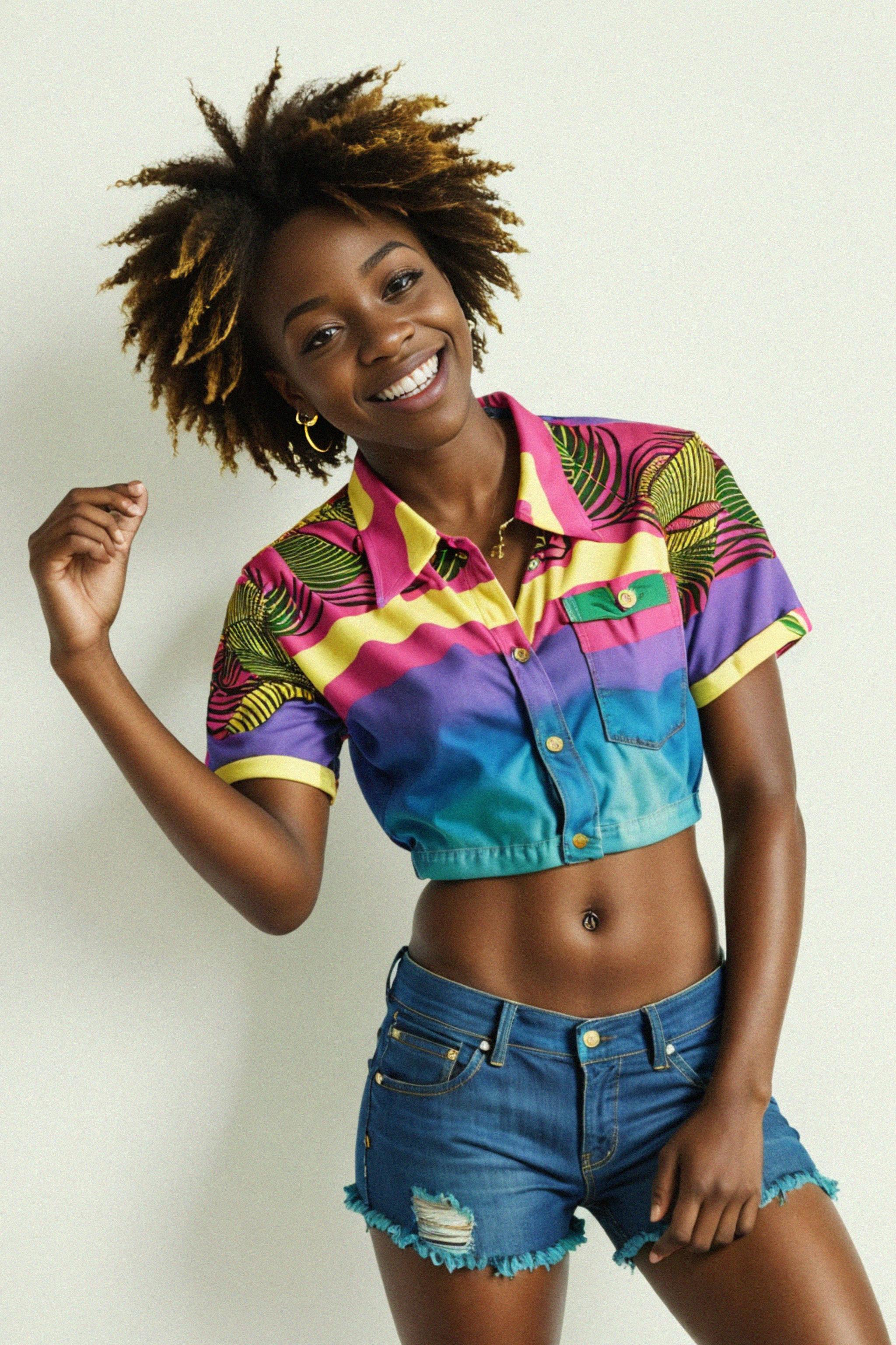 Smiling man wearing hawaii shirt in try on fashion shoot for Zara Shein ...