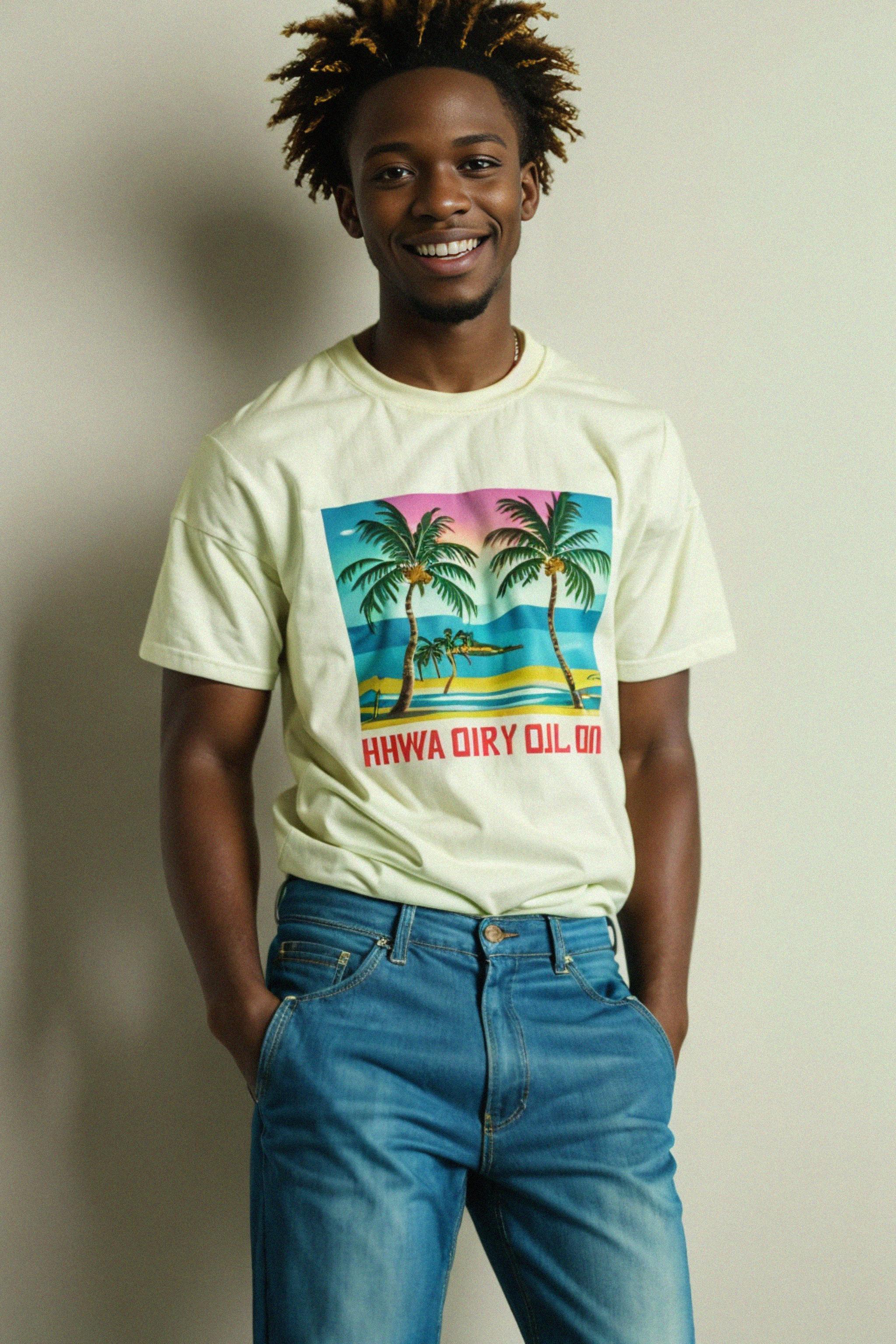 Smiling man wearing hawaii shirt in try on fashion shoot for Zara Shein ...