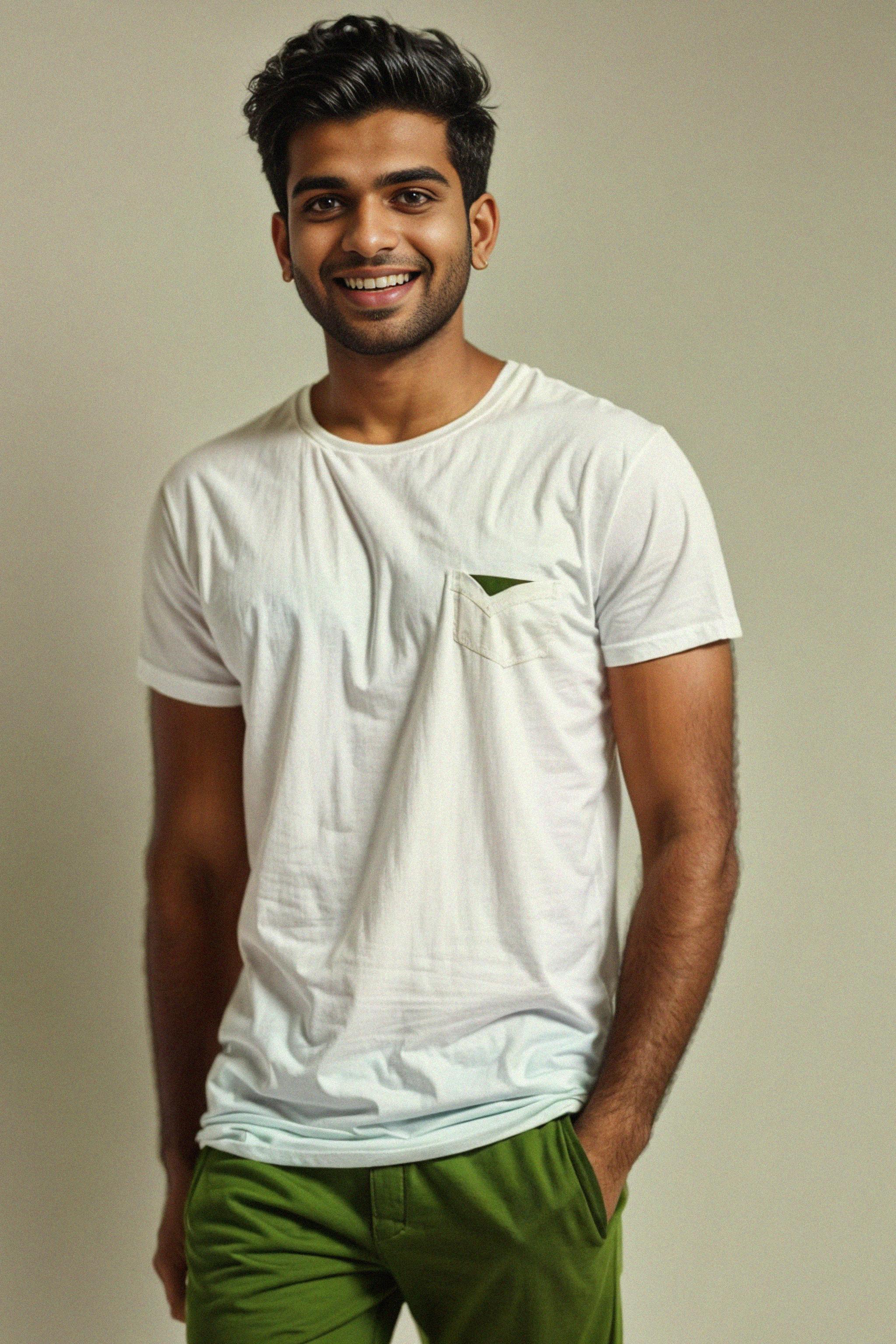 Smiling man wearing t-shirt and pants in try on fashion shoot for Zara ...