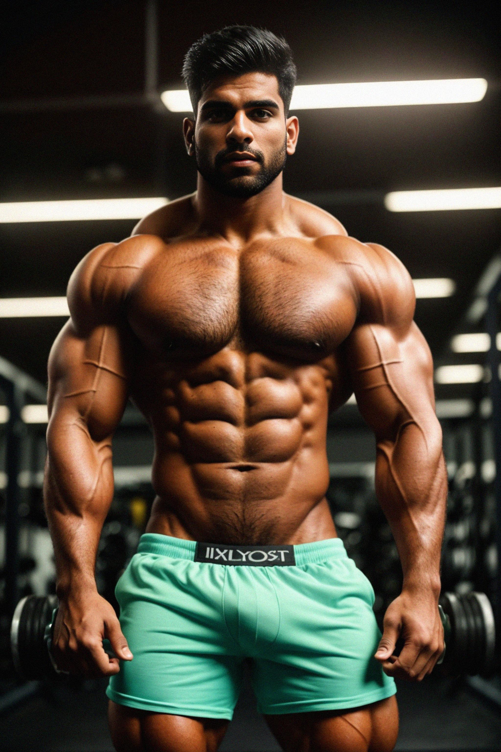 A fit male man as fitness influencer wearing posing trunks in the ...