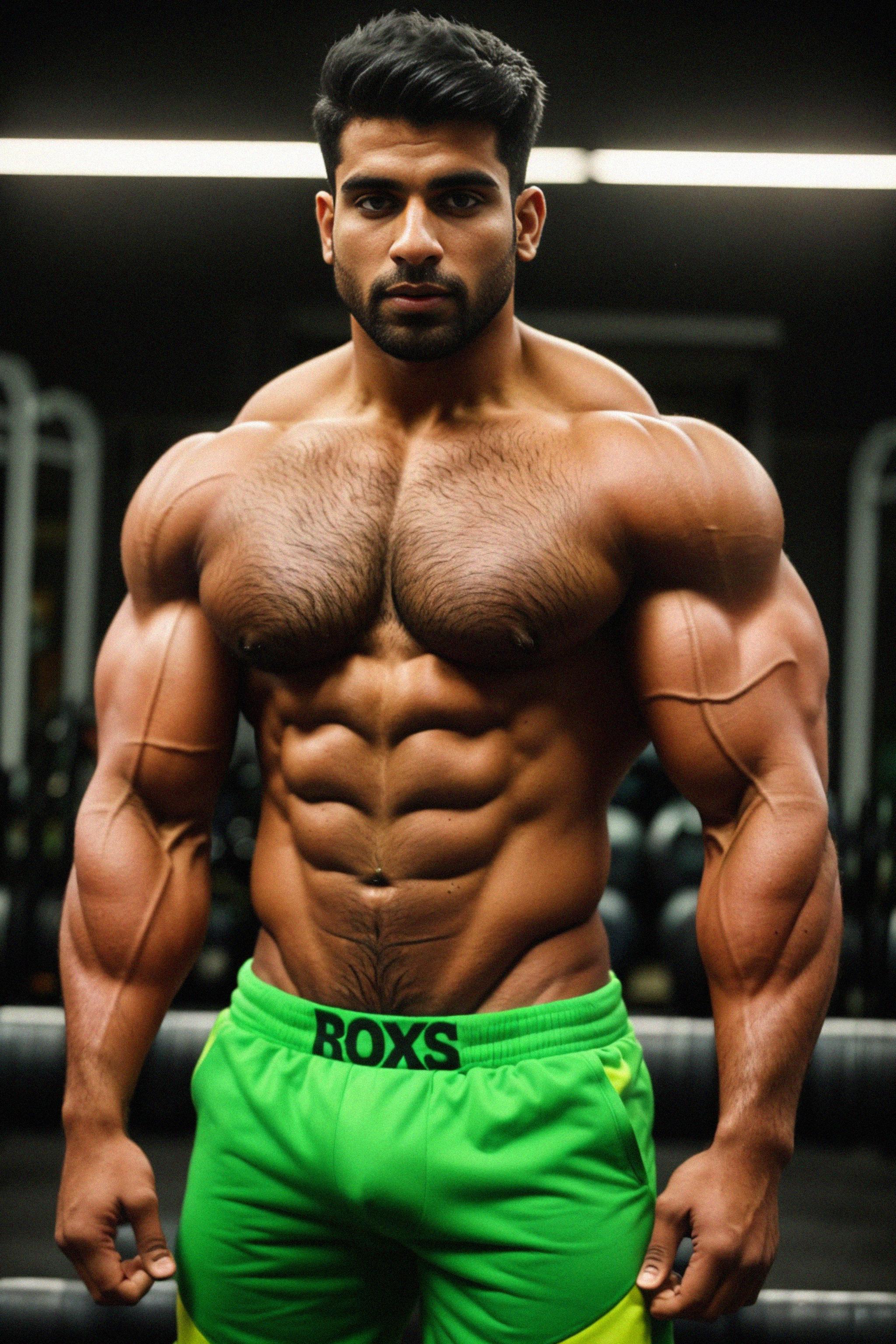 A fit male man as fitness influencer wearing posing trunks in the ...