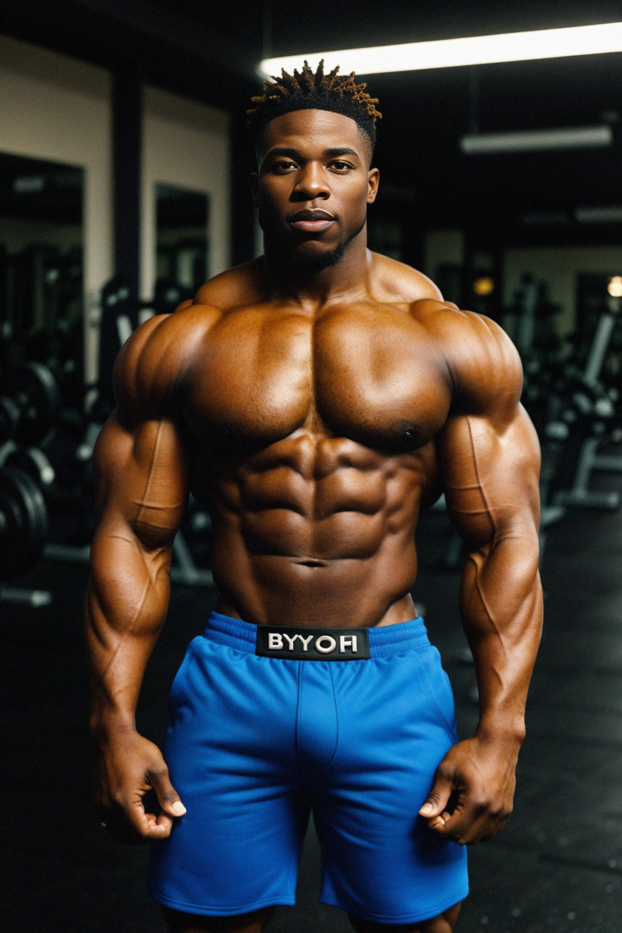 A fit male man as fitness influencer wearing posing trunks in the ...