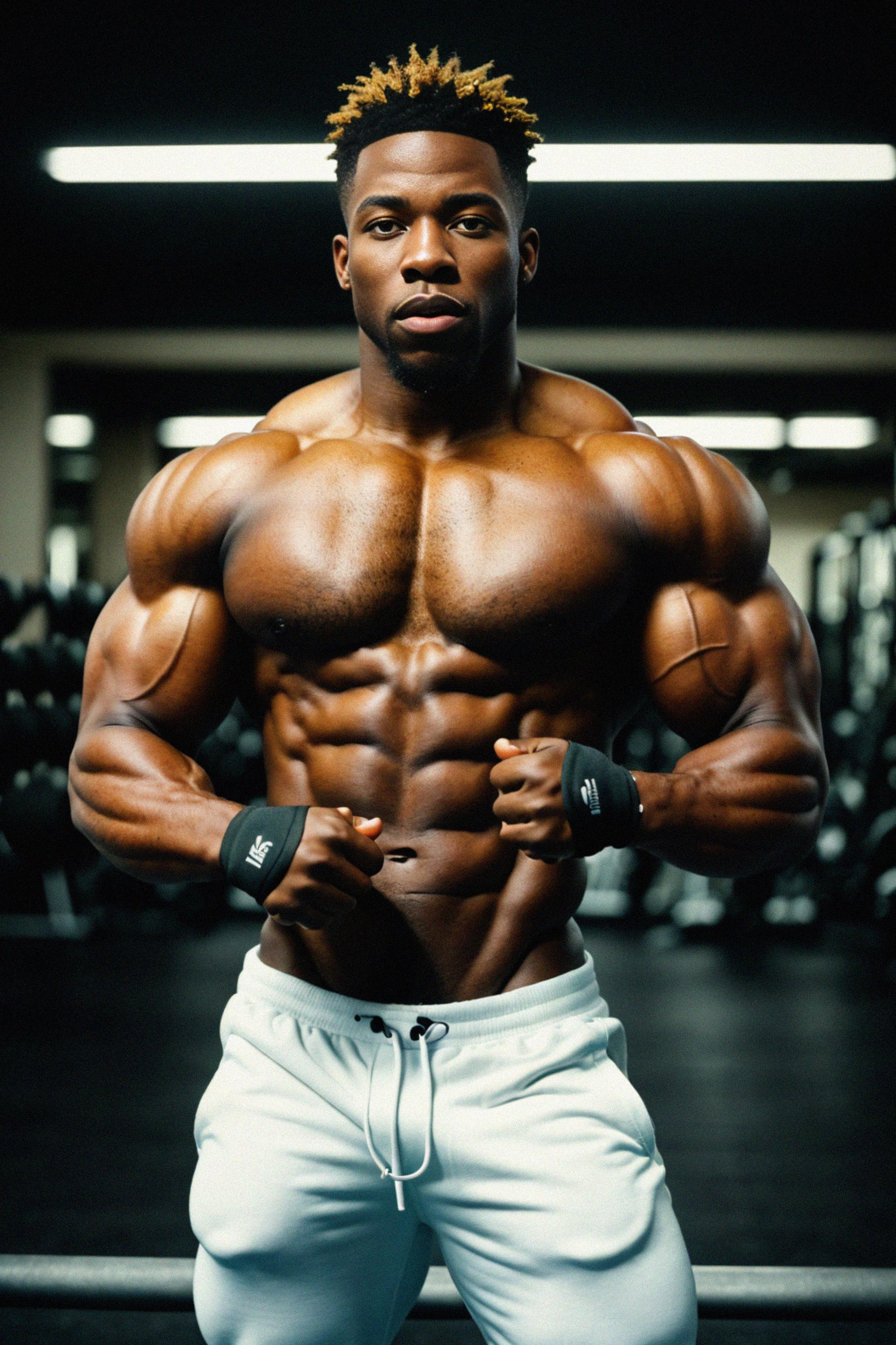 A fit male man as fitness influencer flexing their muscles in the gym ...