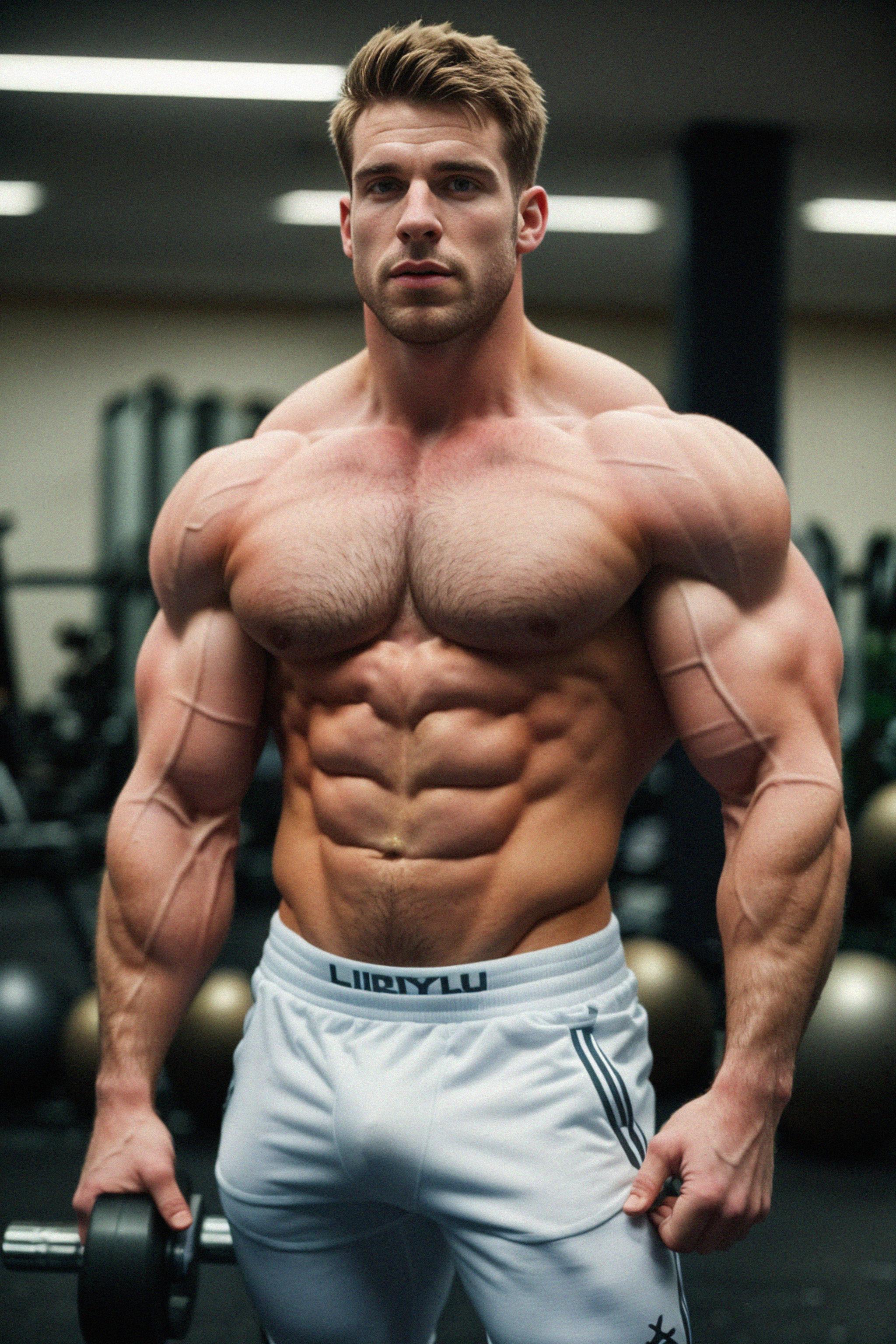 A fit male man as fitness influencer flexing their muscles in the gym ...