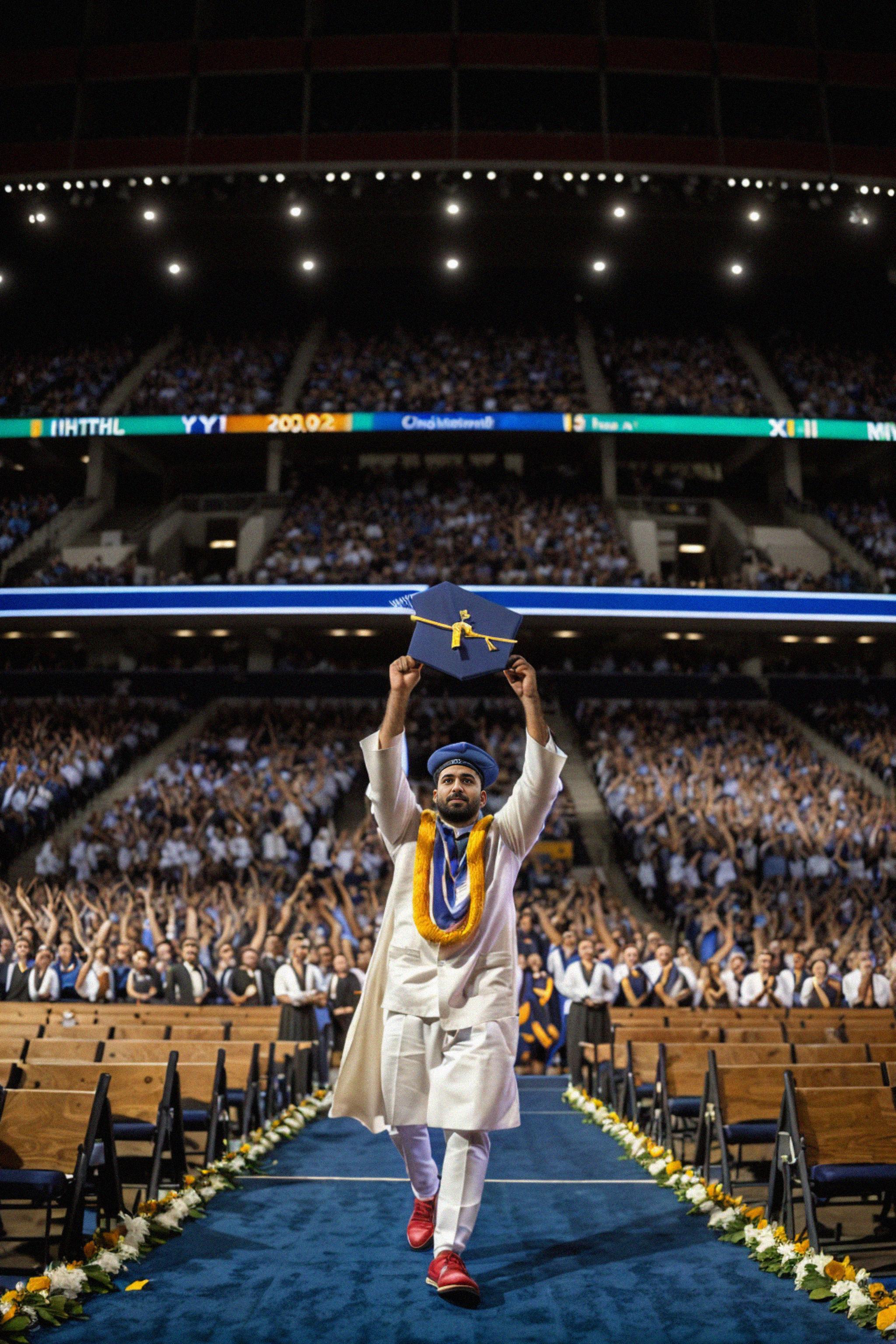 A graduate man in their academic gown and mortarboard, walking across ...