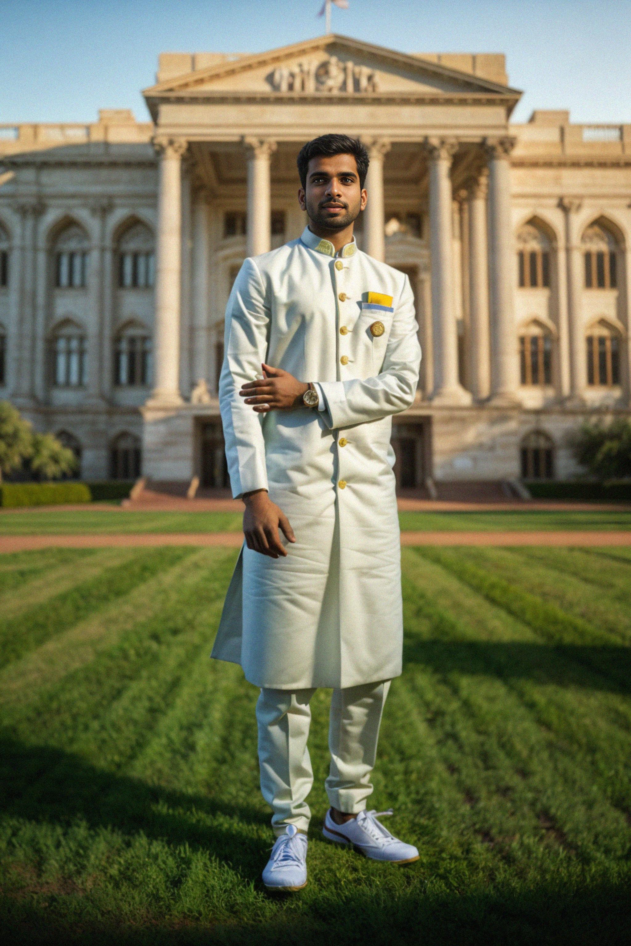 A graduate man in their academic regalia, standing in front of their ...