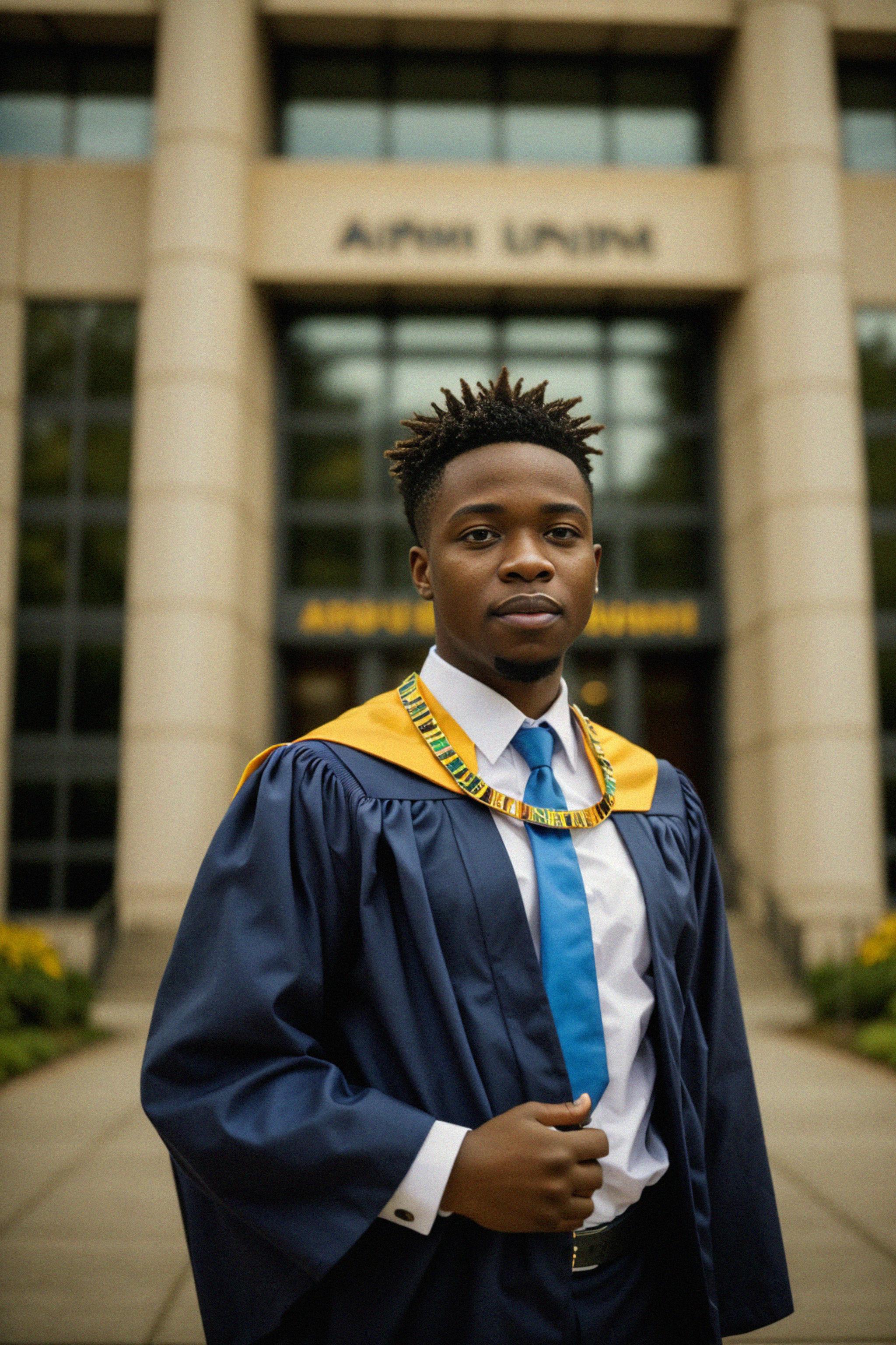 A graduate man in their academic regalia, standing in front of their ...