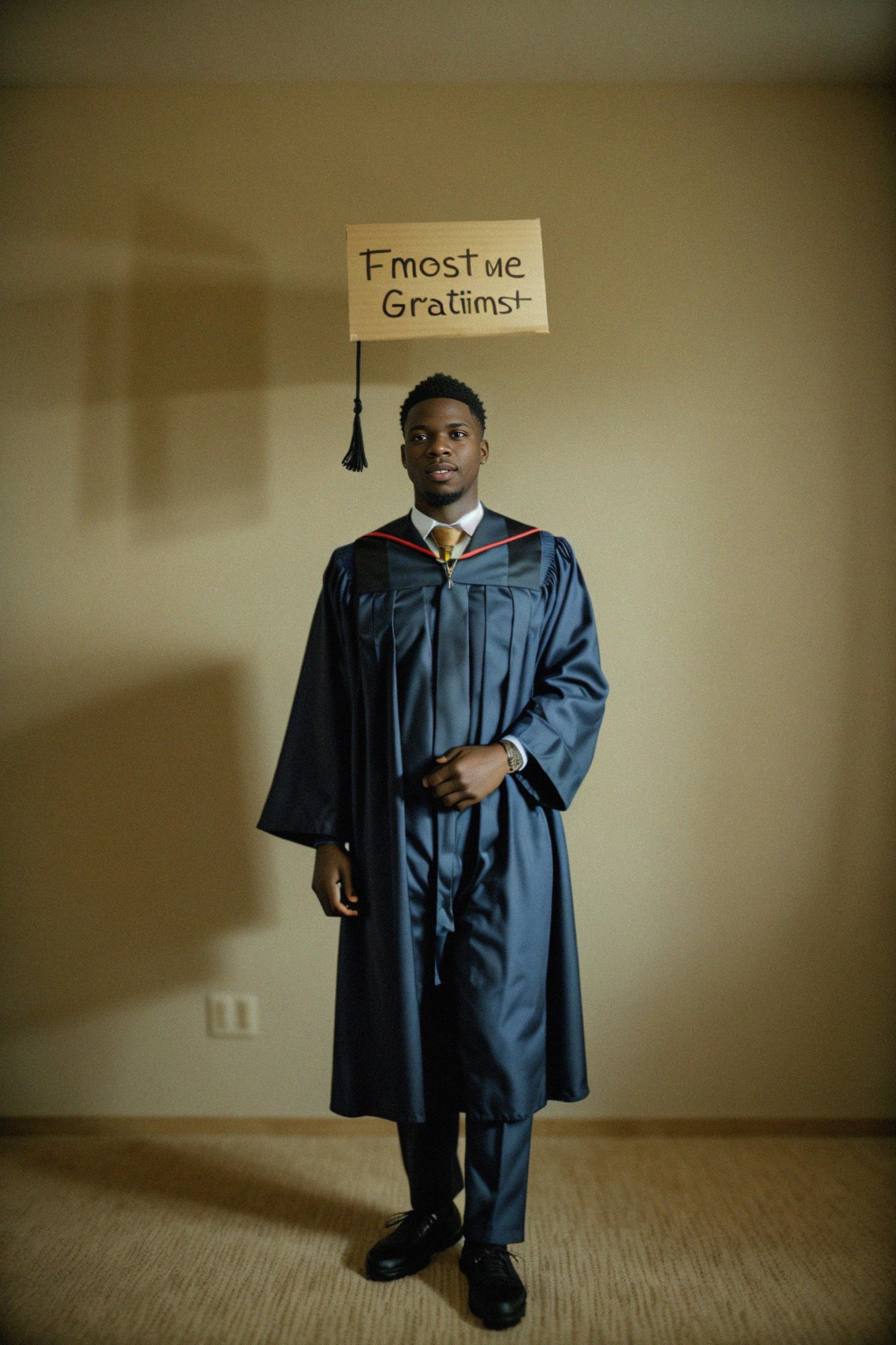A graduate man in their academic gown, holding a sign with their future ...