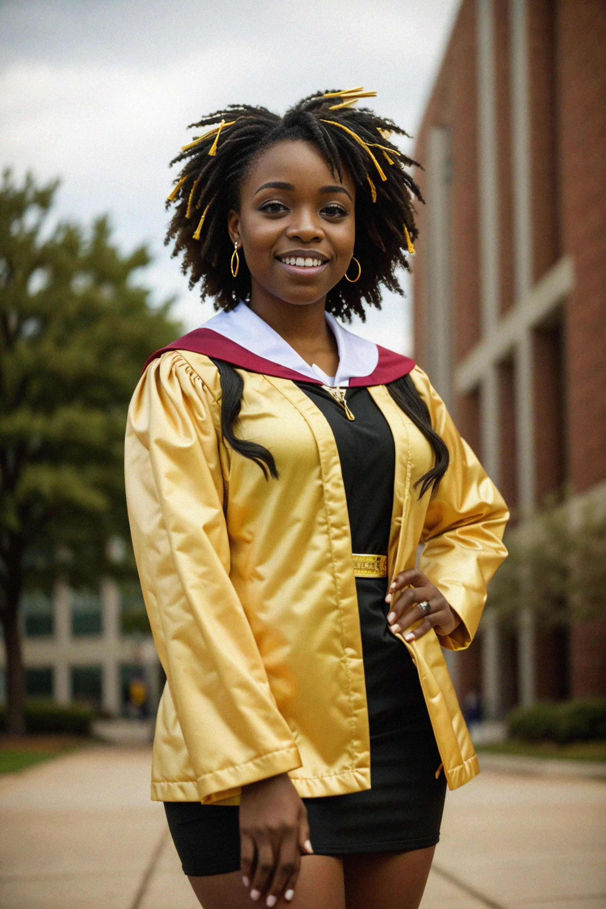 A graduate woman in their academic regalia, standing in front of their ...
