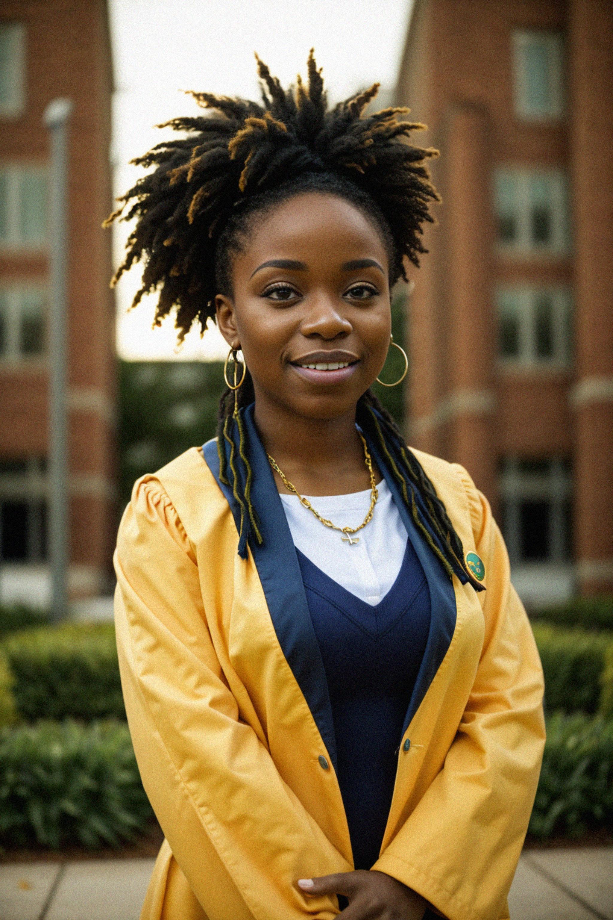A graduate woman in their academic regalia, standing in front of their ...