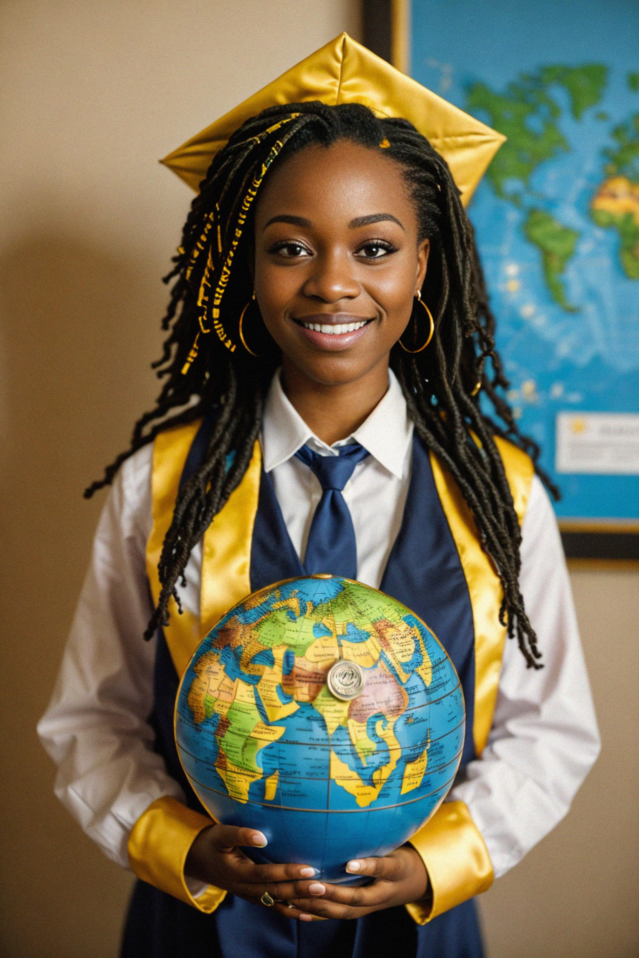 A graduate woman in their academic regalia, holding a globe or a map ...