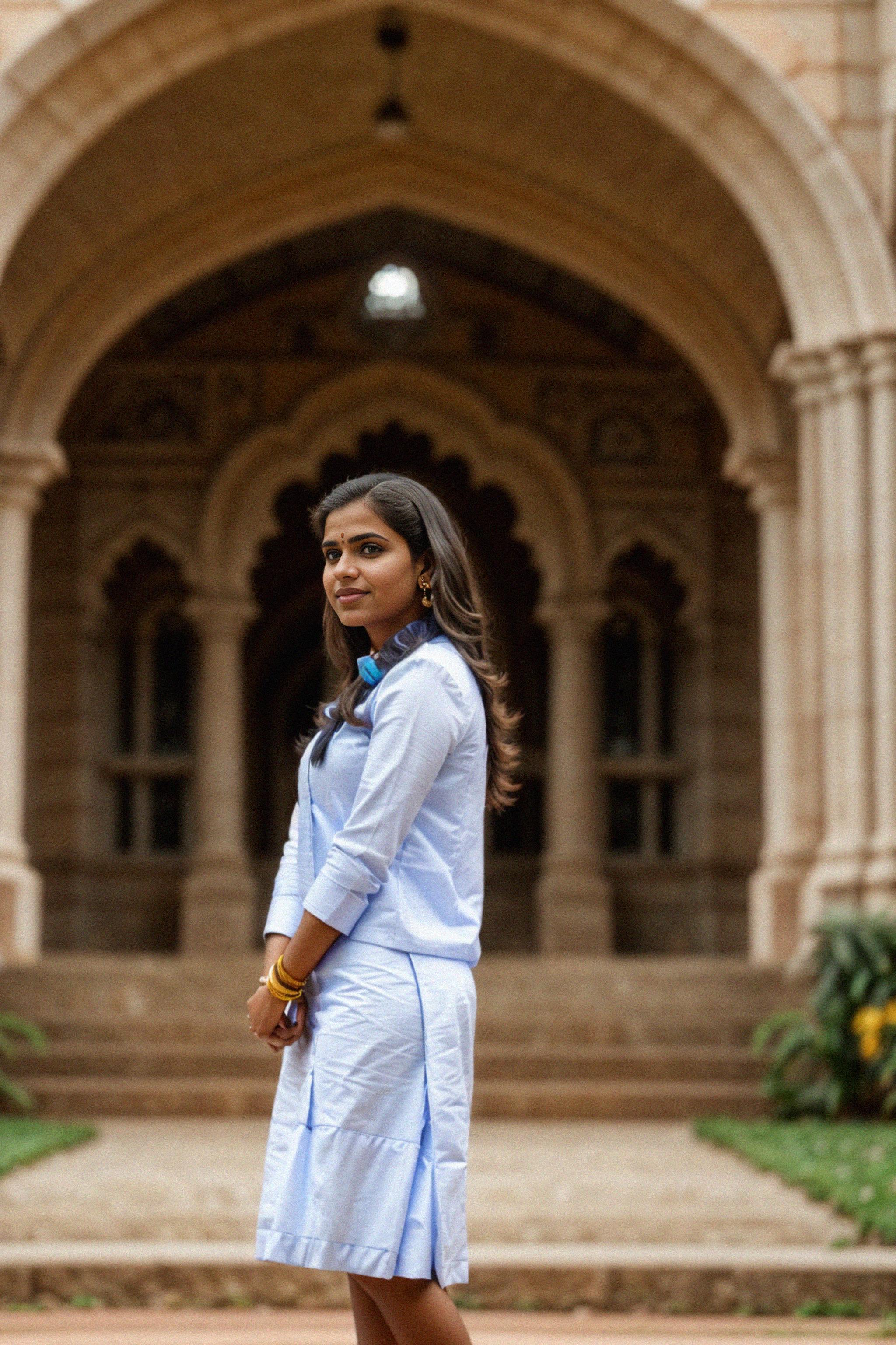 A graduate woman in their academic regalia, standing in front of their ...