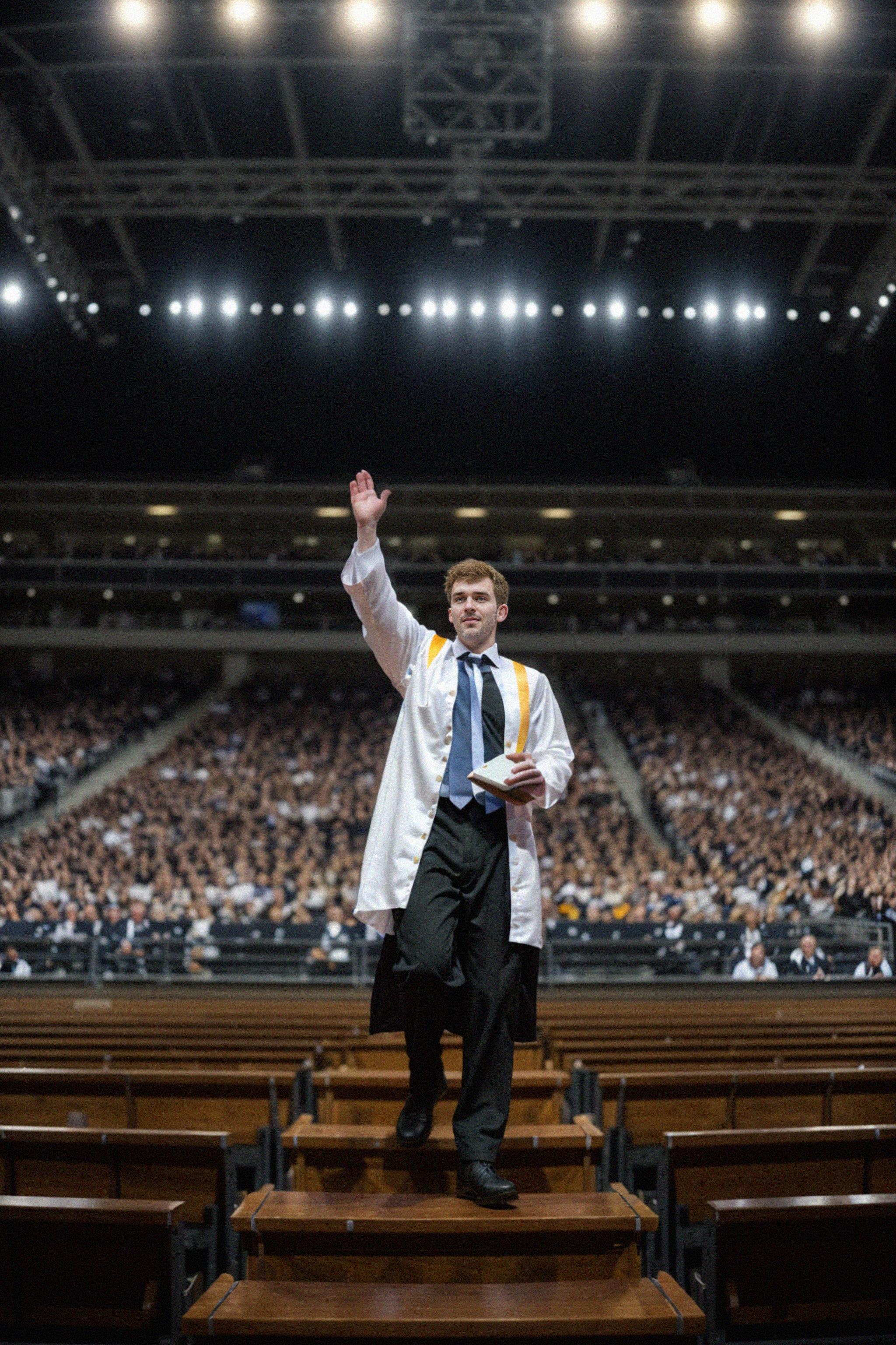 A graduate man in their academic gown and mortarboard, walking across ...