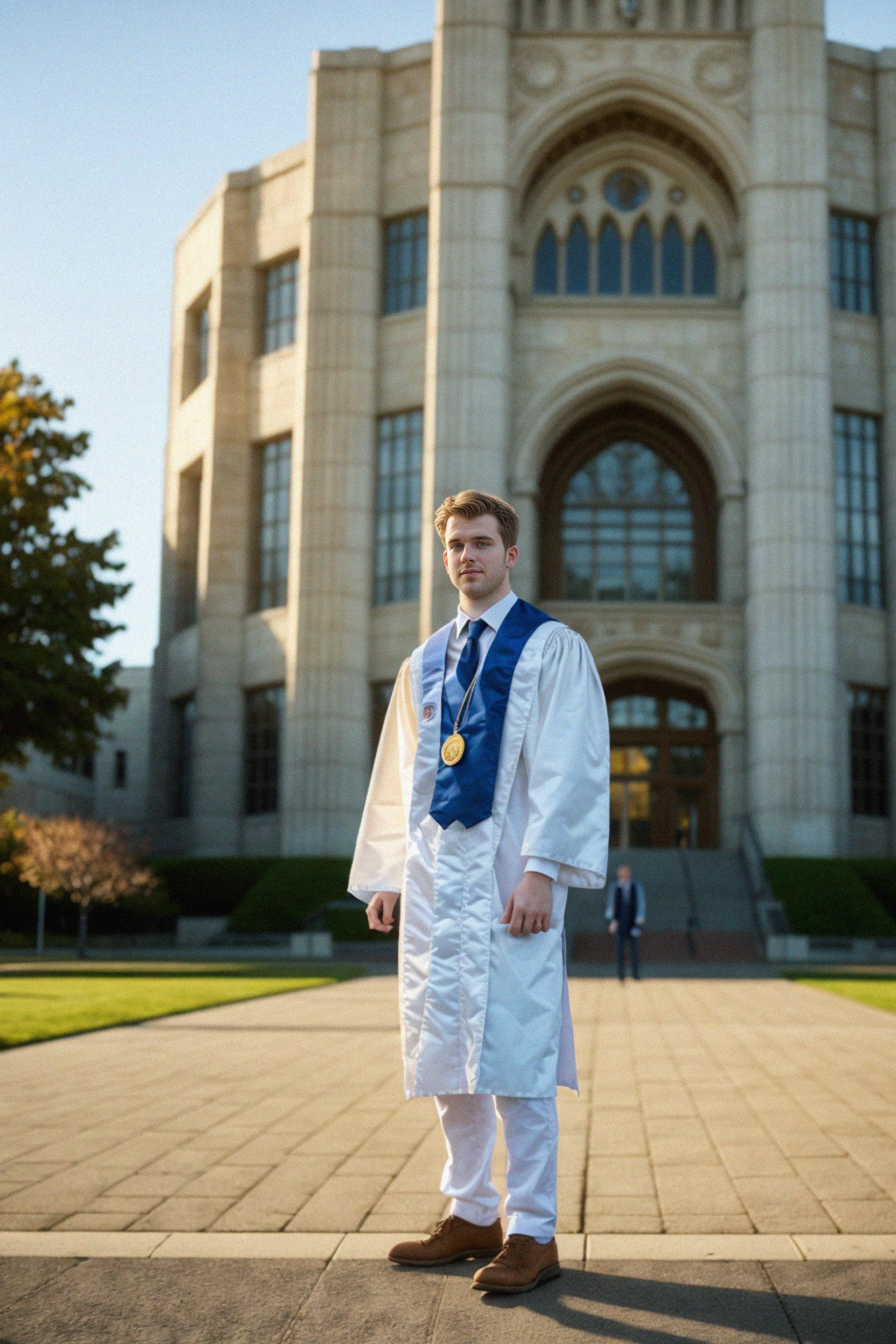 A graduate man in their academic regalia, standing in front of their ...