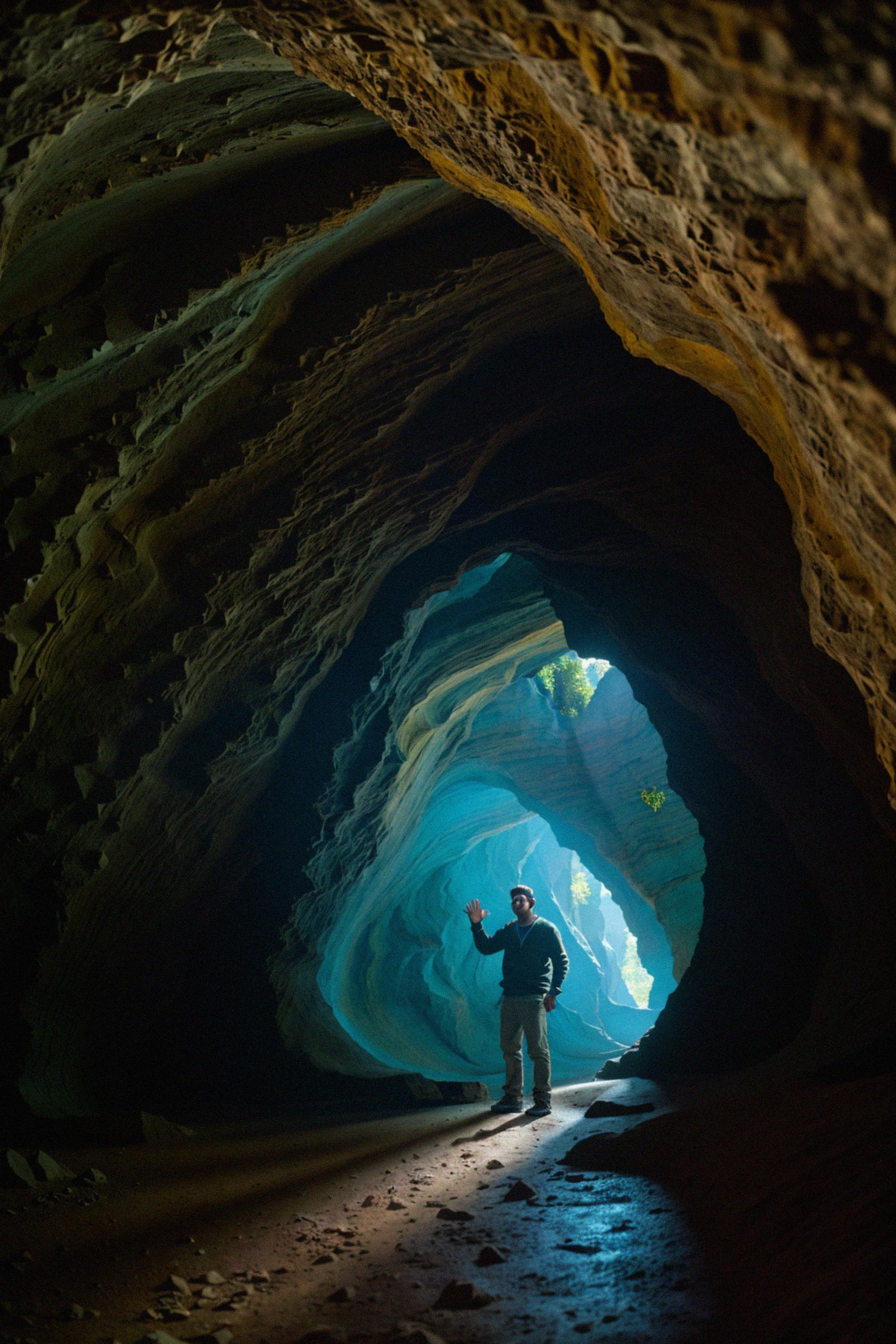 Man as individual hiking through an impressive cave system - #7576698 ...