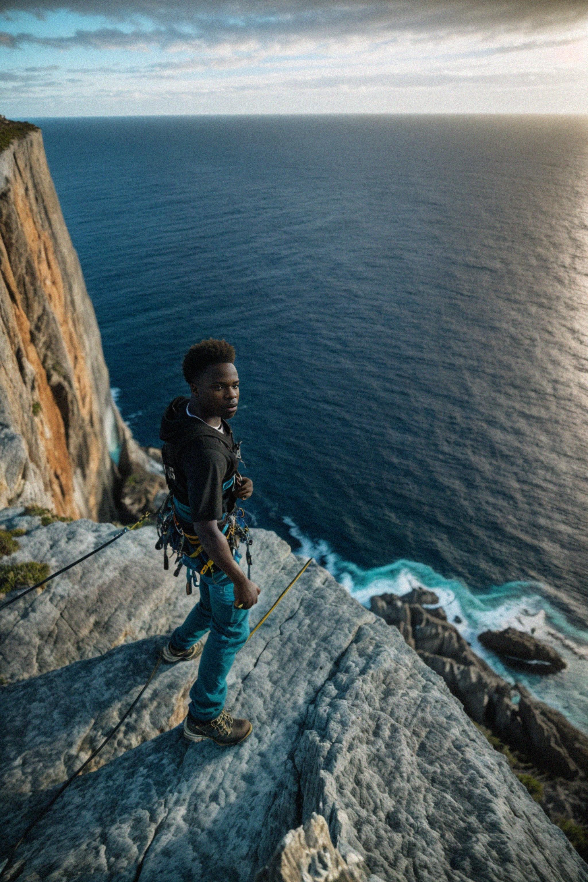 Man as adventurer rock climbing a daunting cliff with a breathtaking ...
