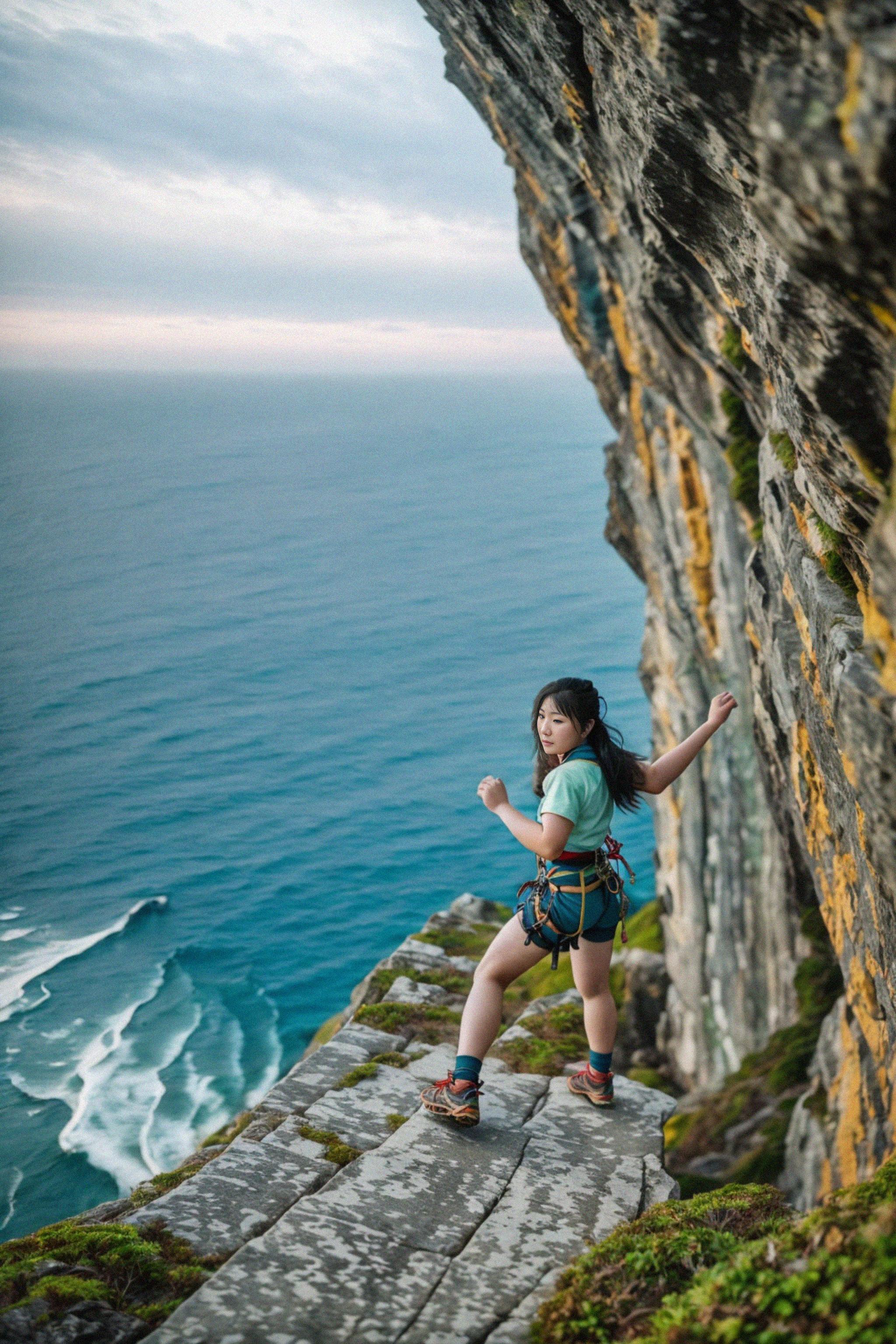 Woman as adventurer rock climbing a daunting cliff with a breathtaking ...