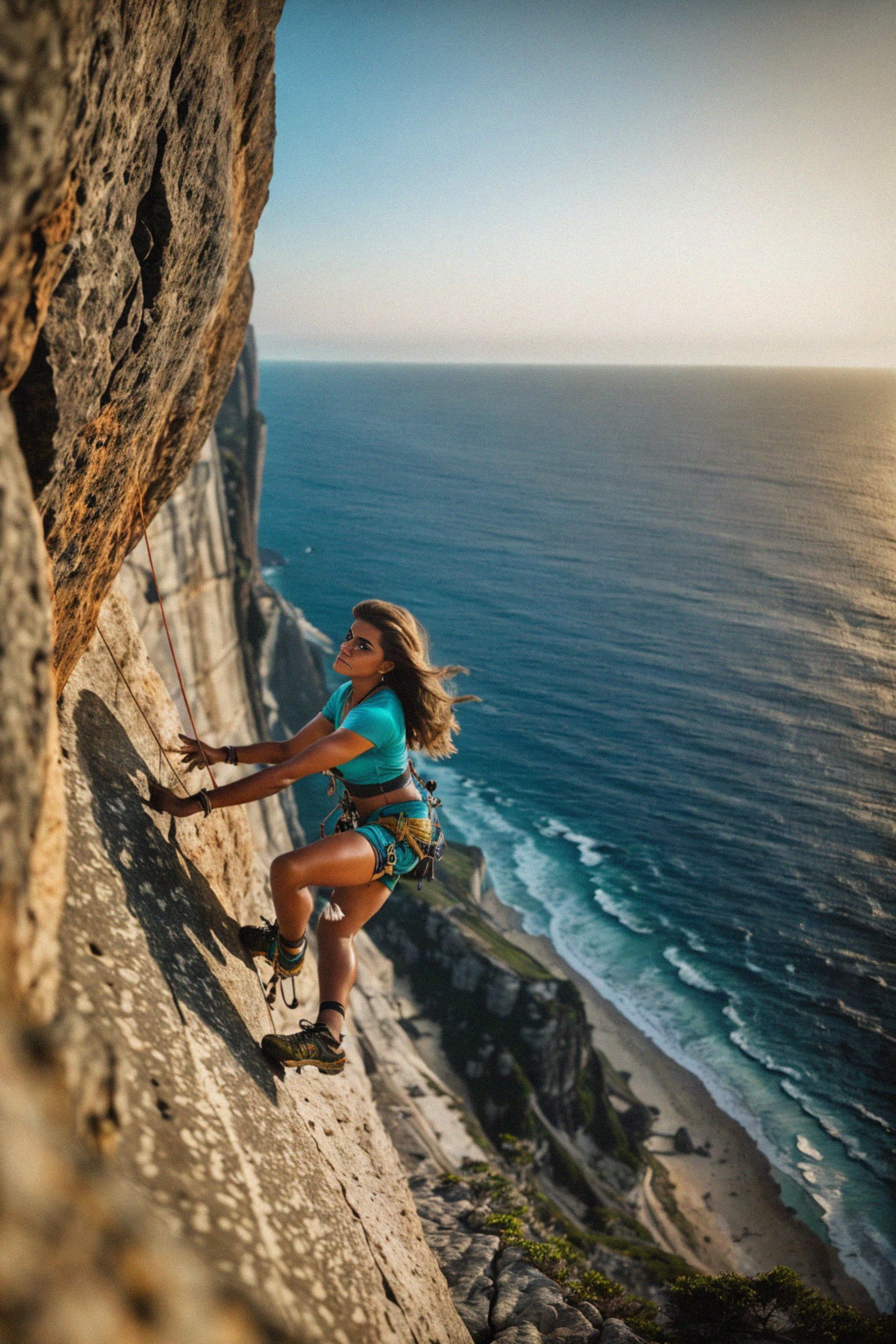 Woman as adventurer rock climbing a daunting cliff with a breathtaking ...