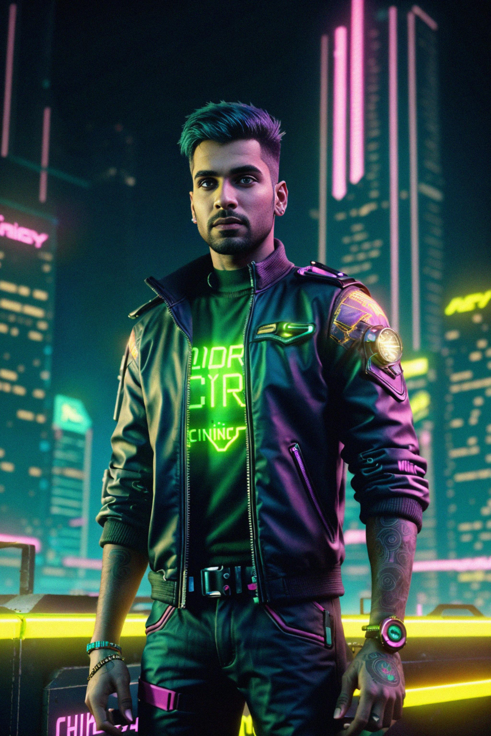 Cyberpunk man with futuristic cyberpunk neon clothes standing in ...