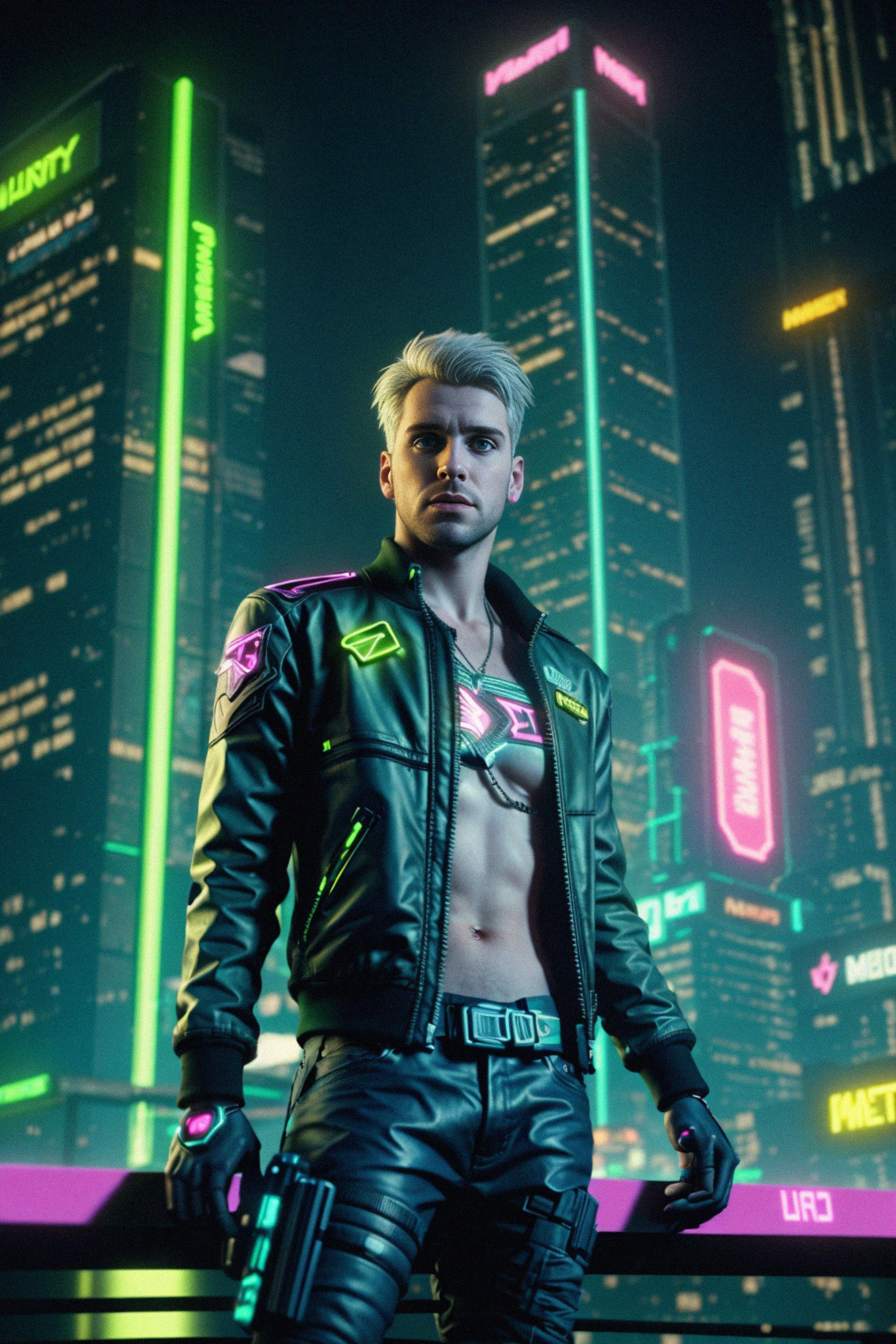 Cyberpunk man with futuristic cyberpunk neon clothes standing in ...