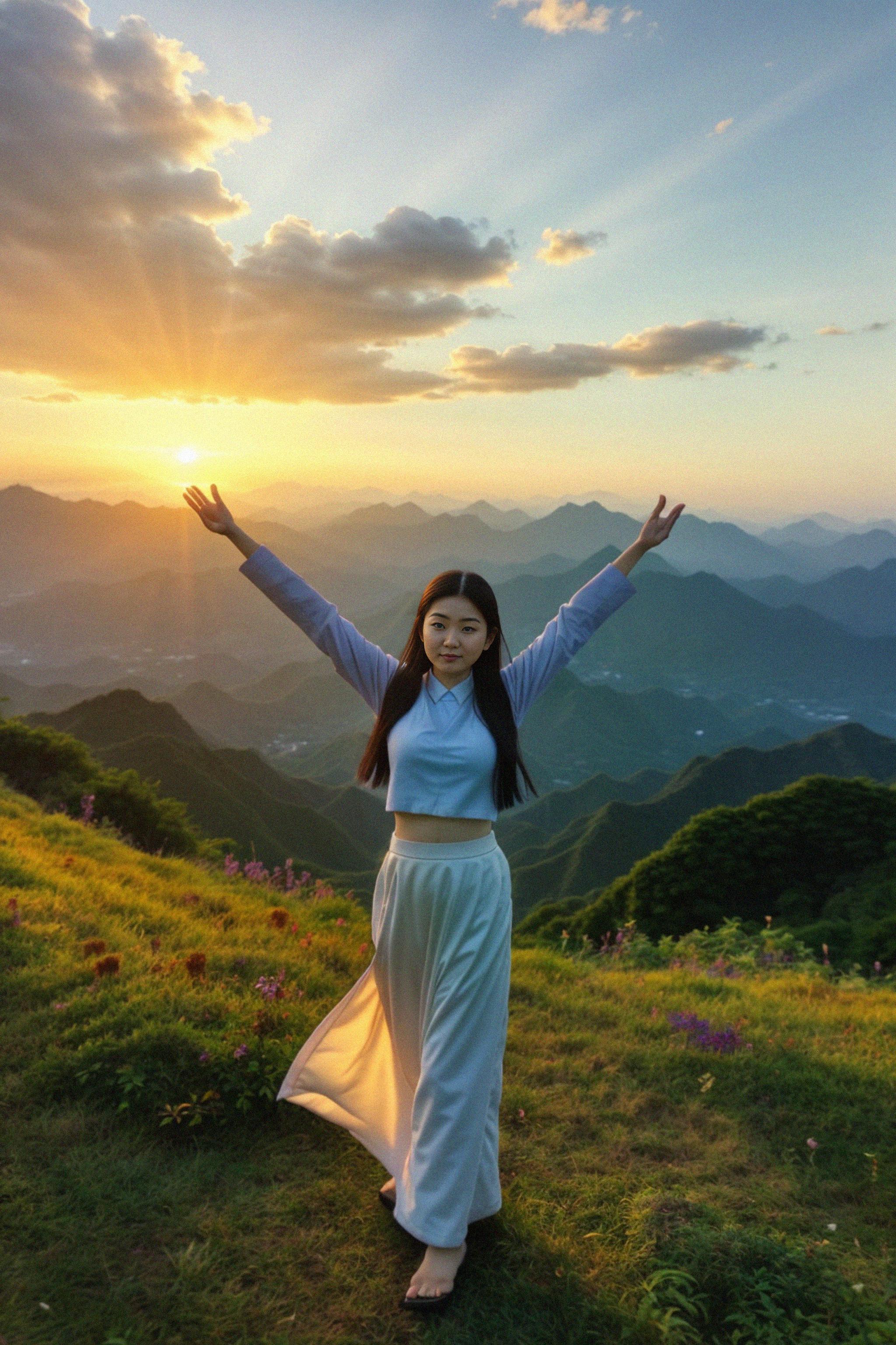 A spiritual seeker woman standing with outstretched arms, embracing the ...