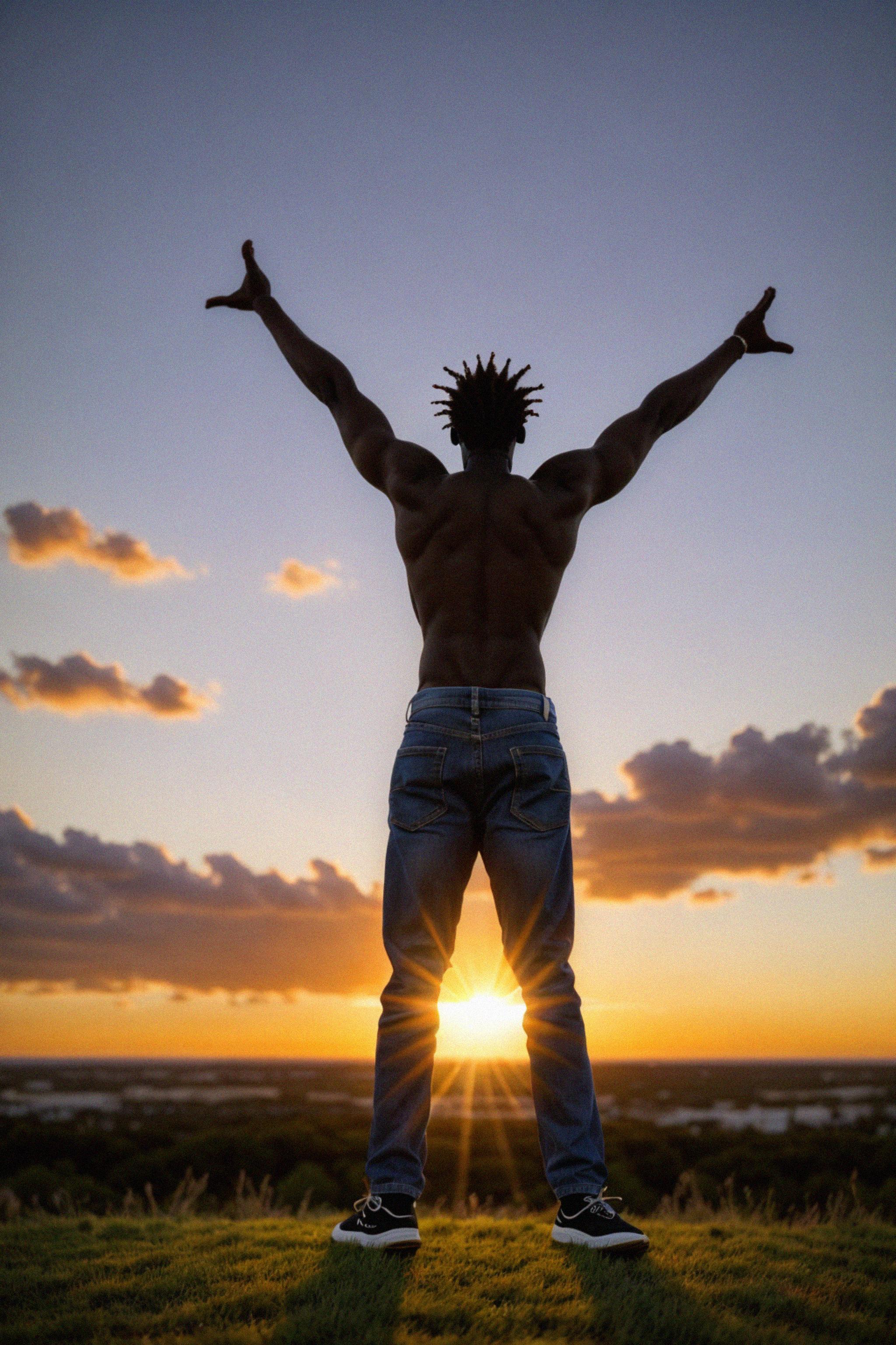 A spiritual seeker man standing with outstretched arms, embracing the ...
