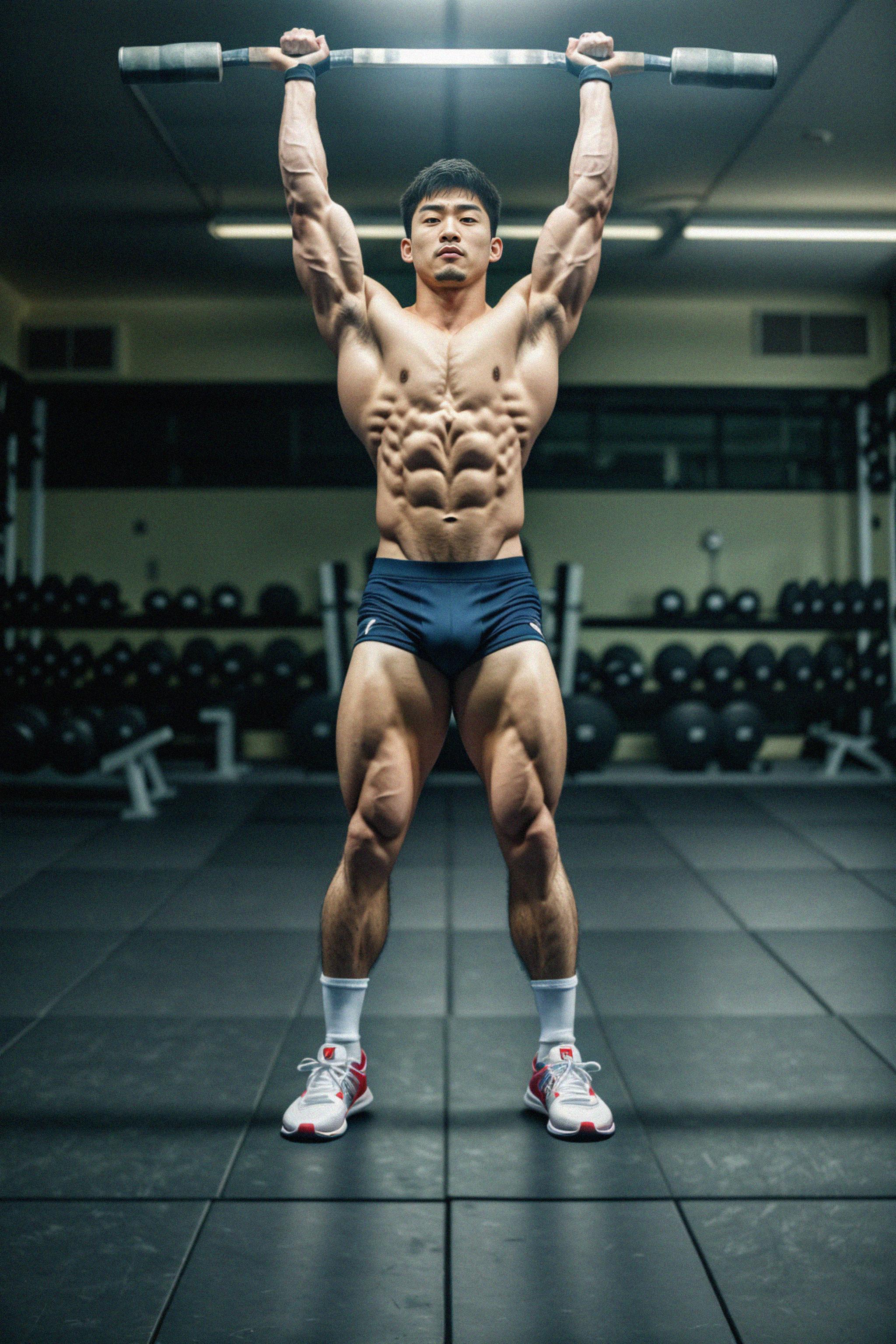 Masculine man doing a weightlifting movement in the gym, showing off ...