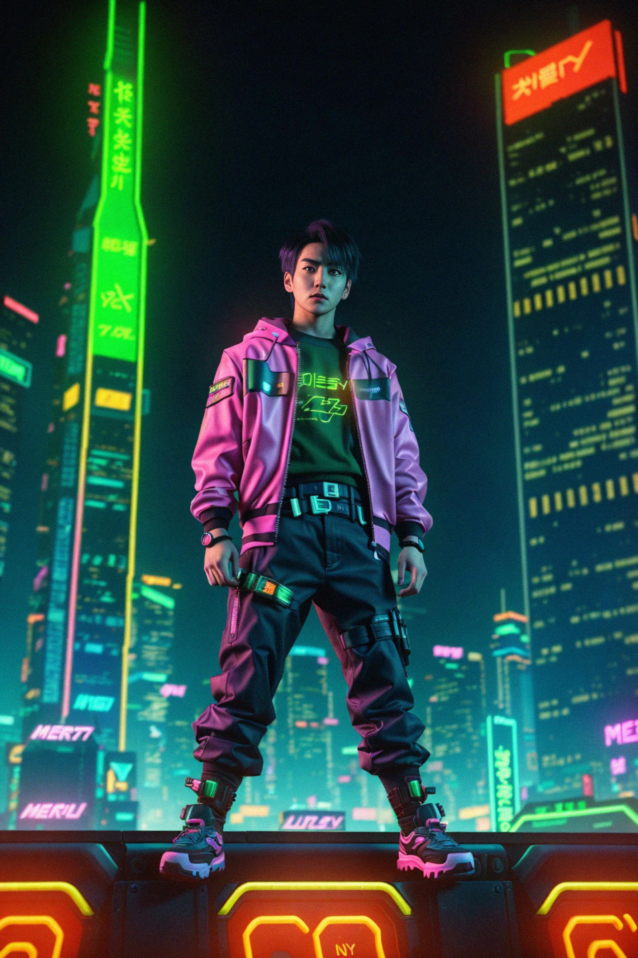 Cyberpunk man with futuristic cyberpunk neon clothes standing in ...