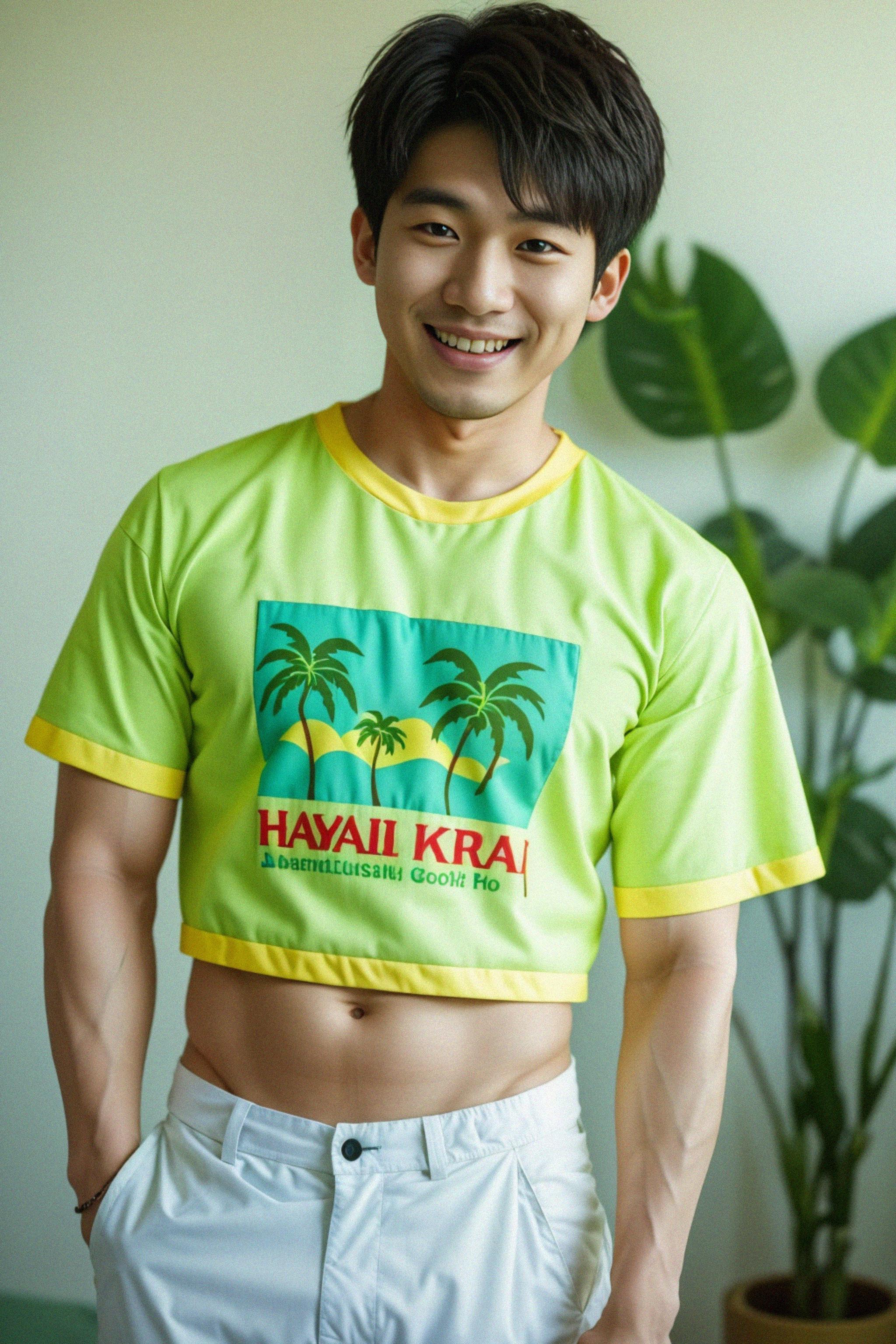 Smiling man wearing hawaii shirt in try on fashion shoot for Zara Shein ...