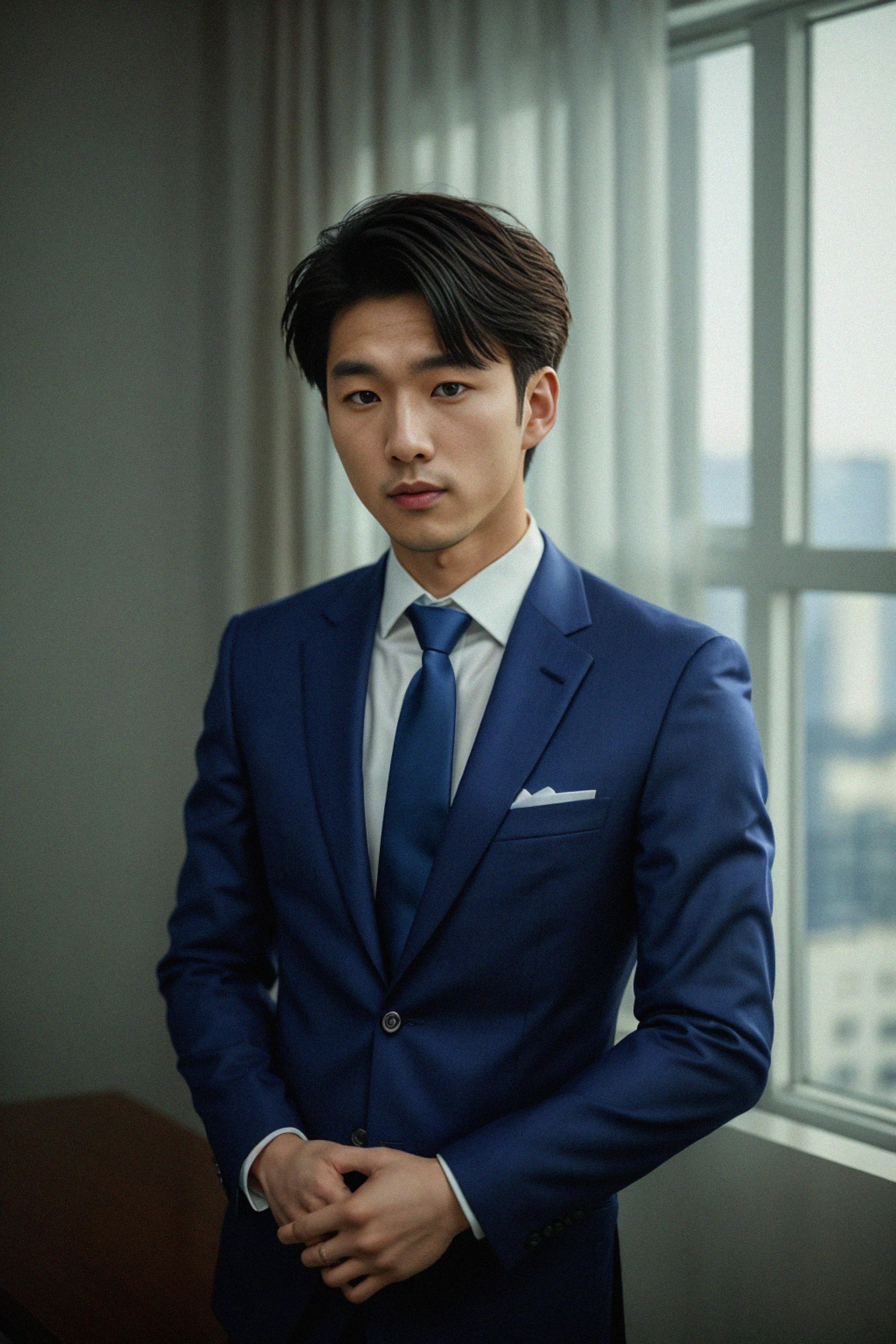 Handsome and stylish man wearing a classic navy blue suit with a crisp ...