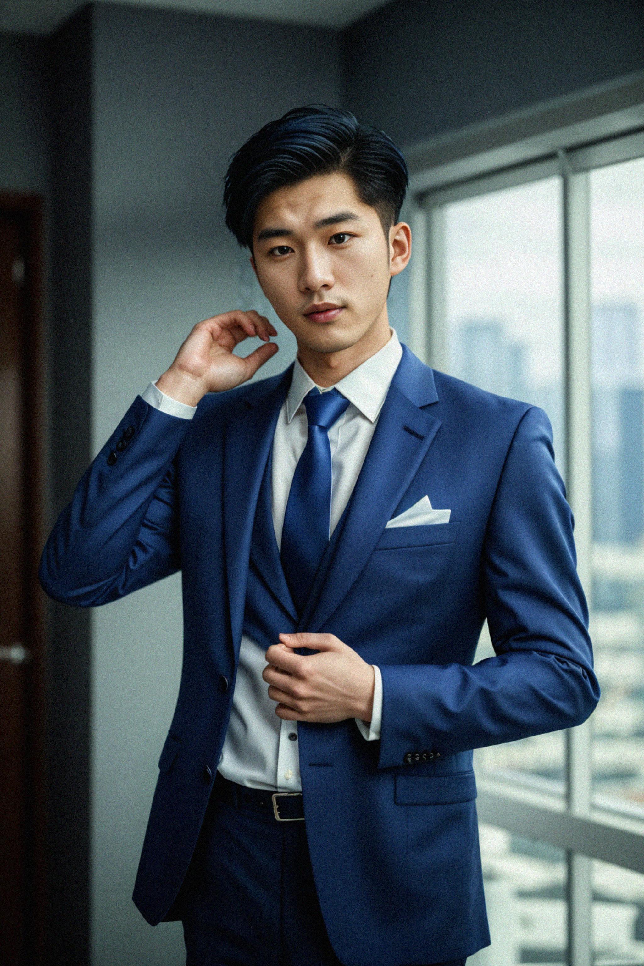 Handsome and stylish man wearing a classic navy blue suit with a crisp ...