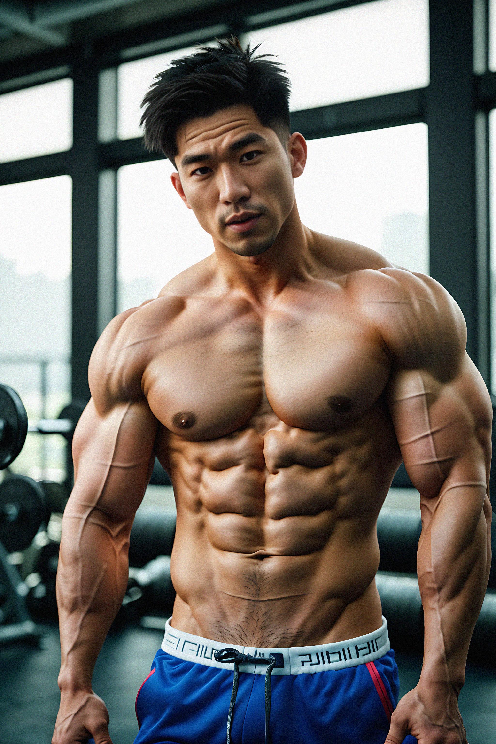 A fit male man as fitness influencer flexing their muscles in the gym ...