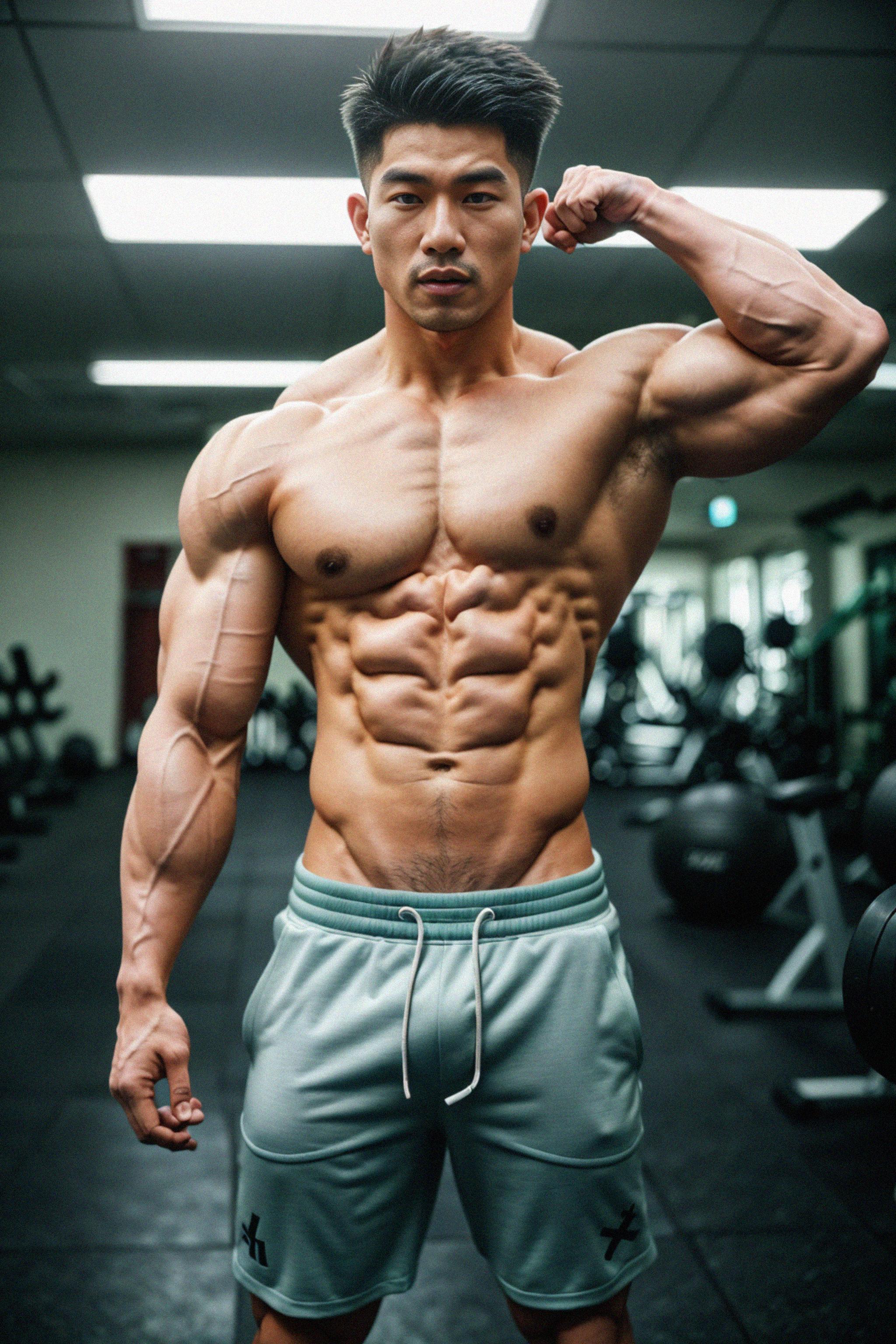 A fit male man as fitness influencer flexing their muscles in the gym ...
