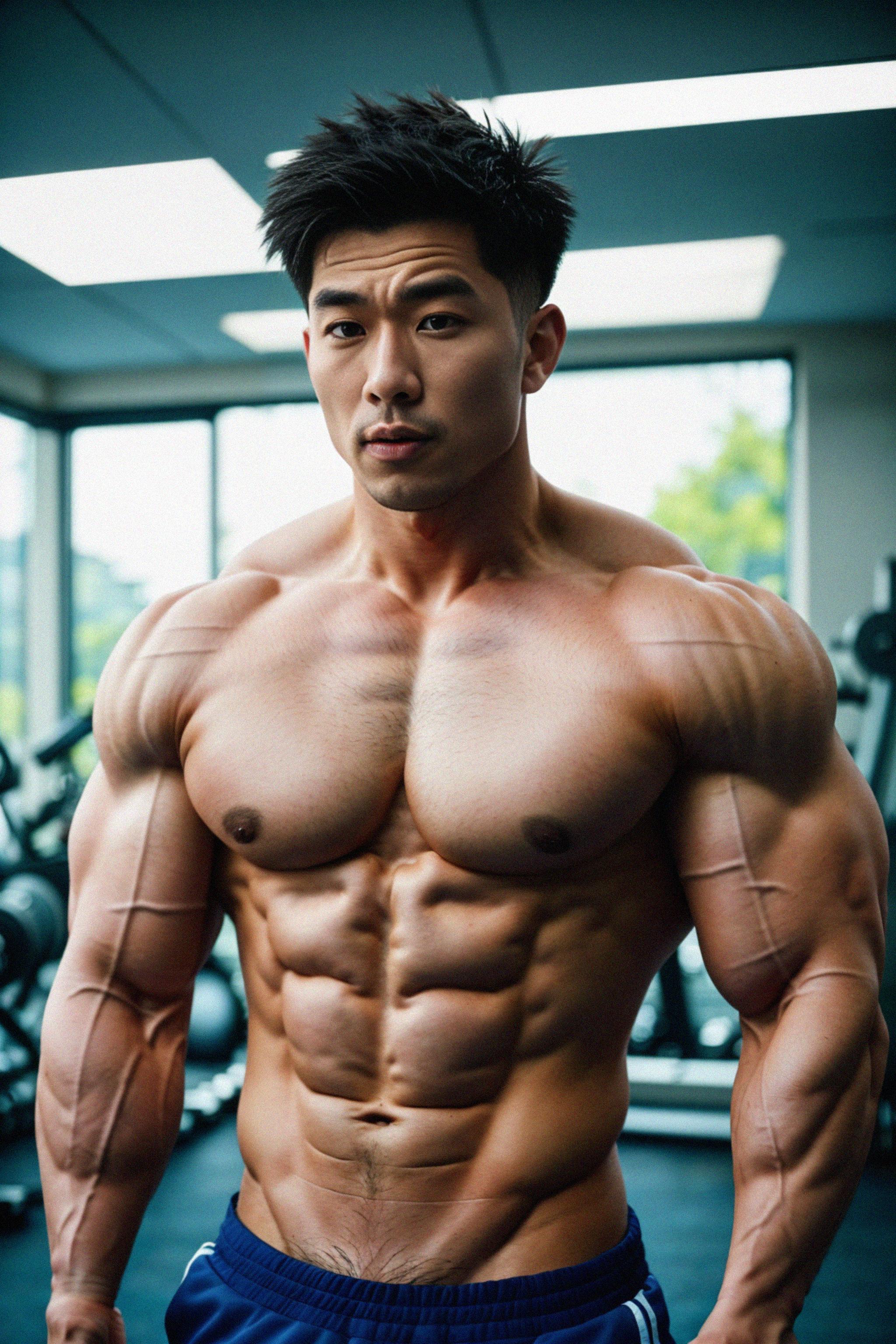 A fit male man as fitness influencer flexing their muscles in the gym ...