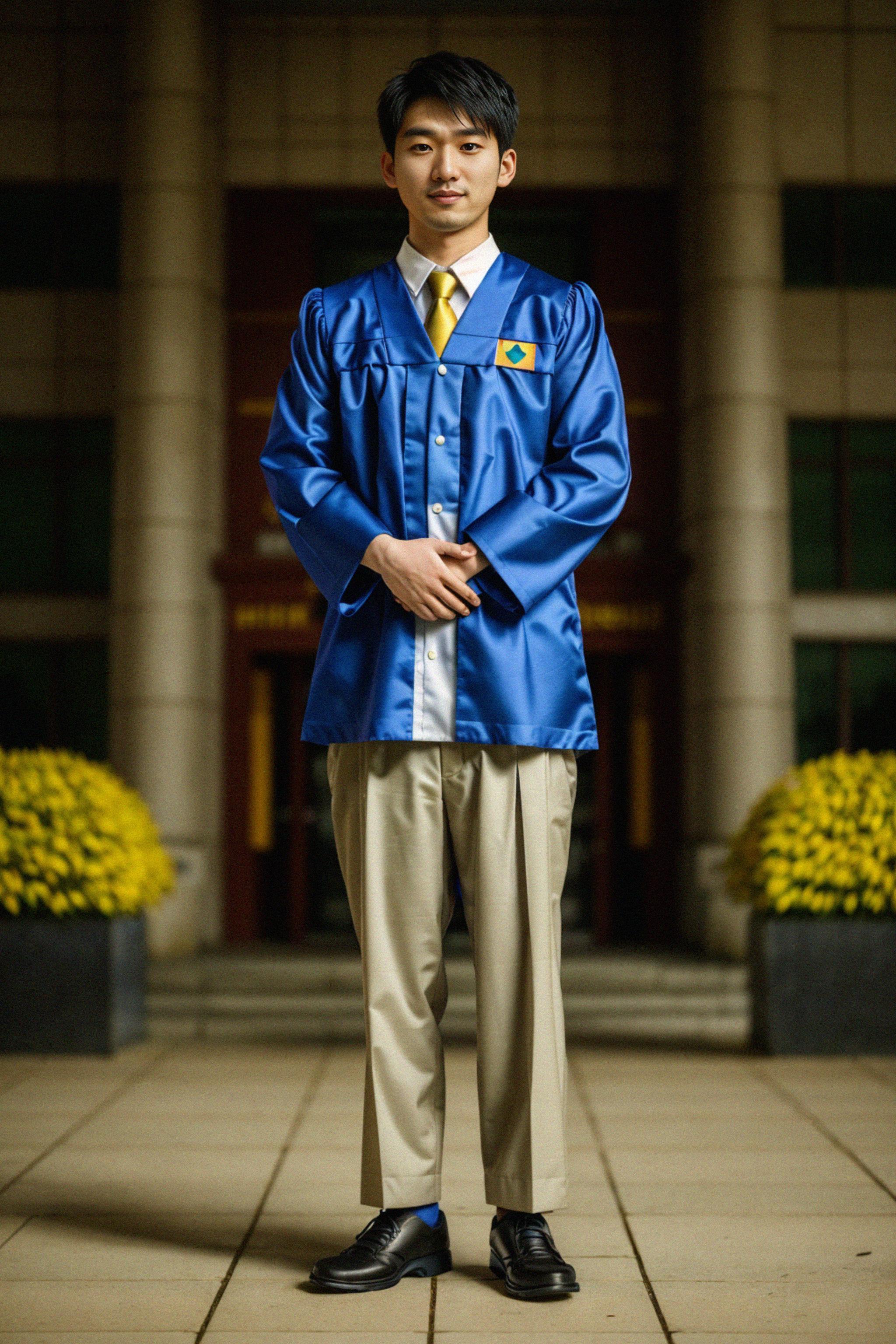 A graduate man in their academic regalia, standing in front of their ...