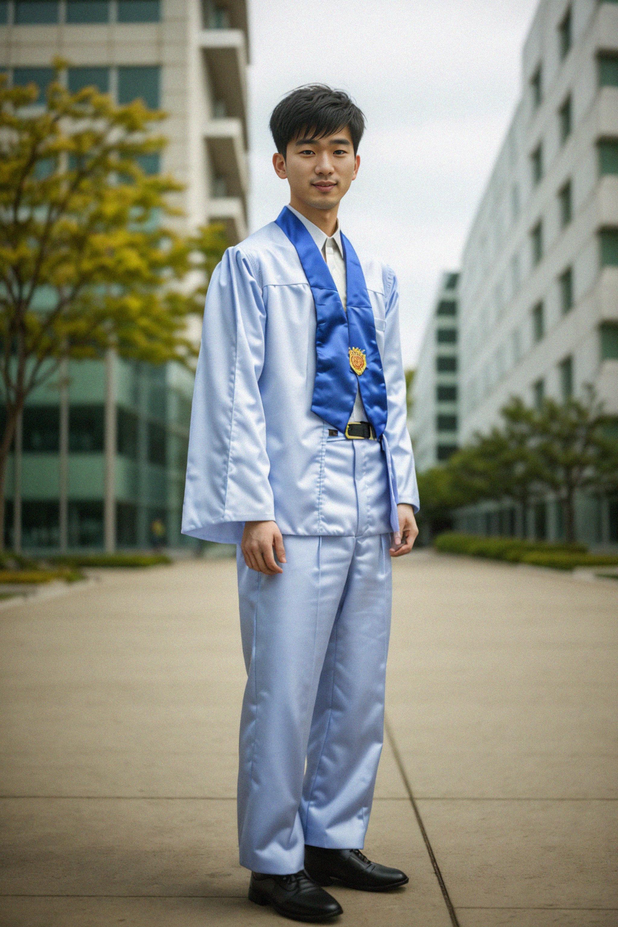 A graduate man in their academic regalia, standing in front of their ...