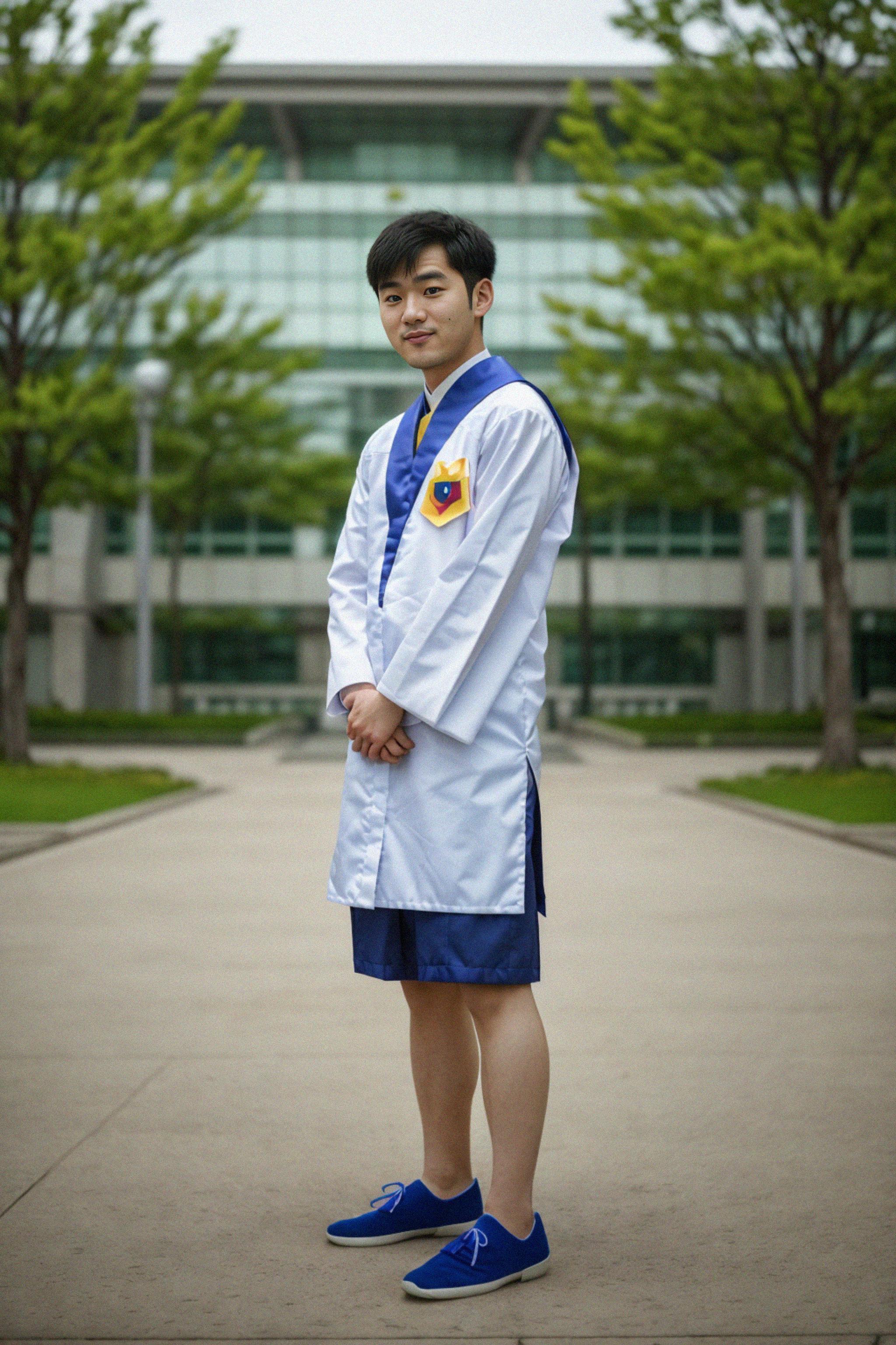 A graduate man in their academic regalia, standing in front of their ...