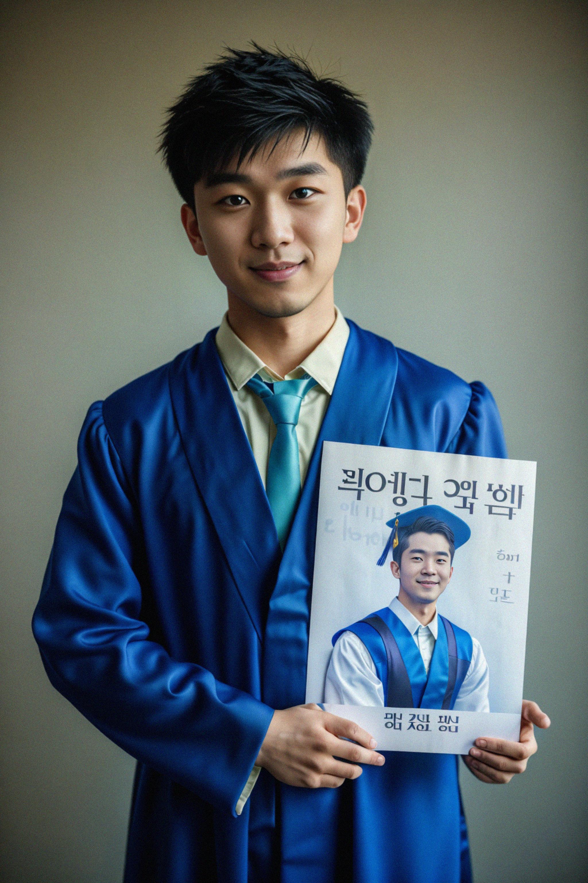 A graduate man in their academic gown, holding a sign with their future ...