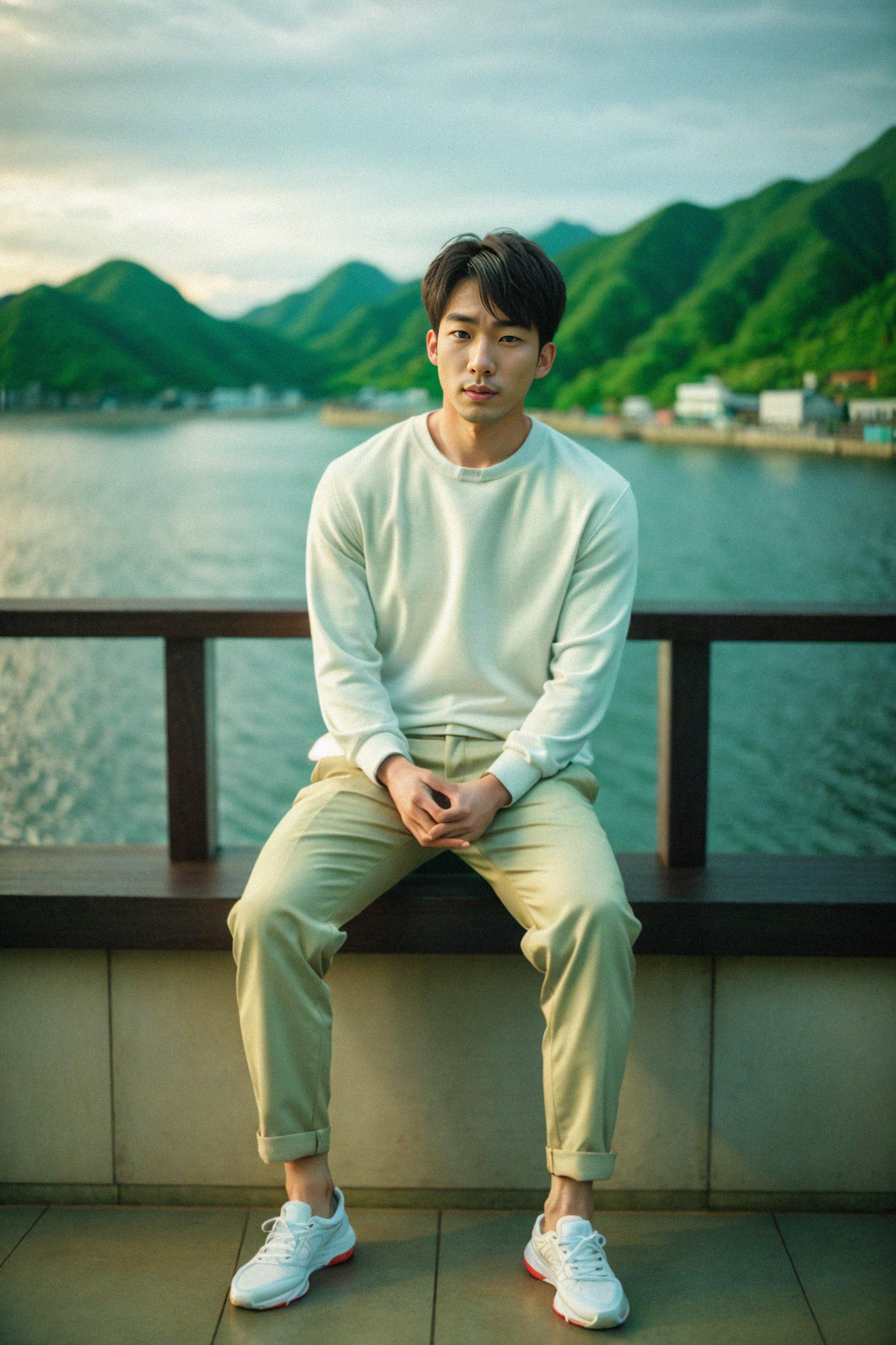 A captivating masculine man enjoying a peaceful moment by the ...